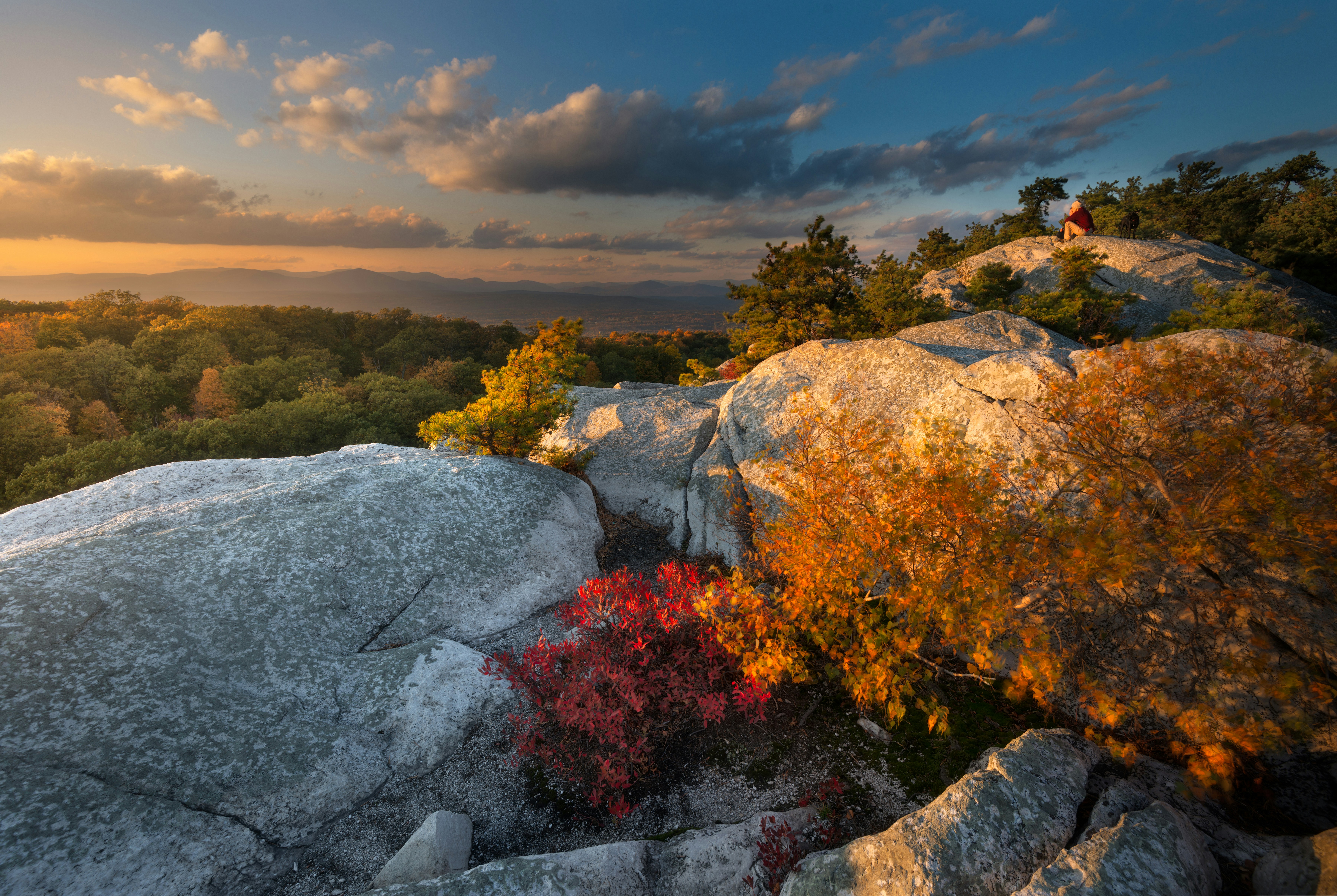 Vibrant red foliage contrasts with the rugged granite landscape under a golden sunset sky. A serene overlook reveals the expansive forest below.