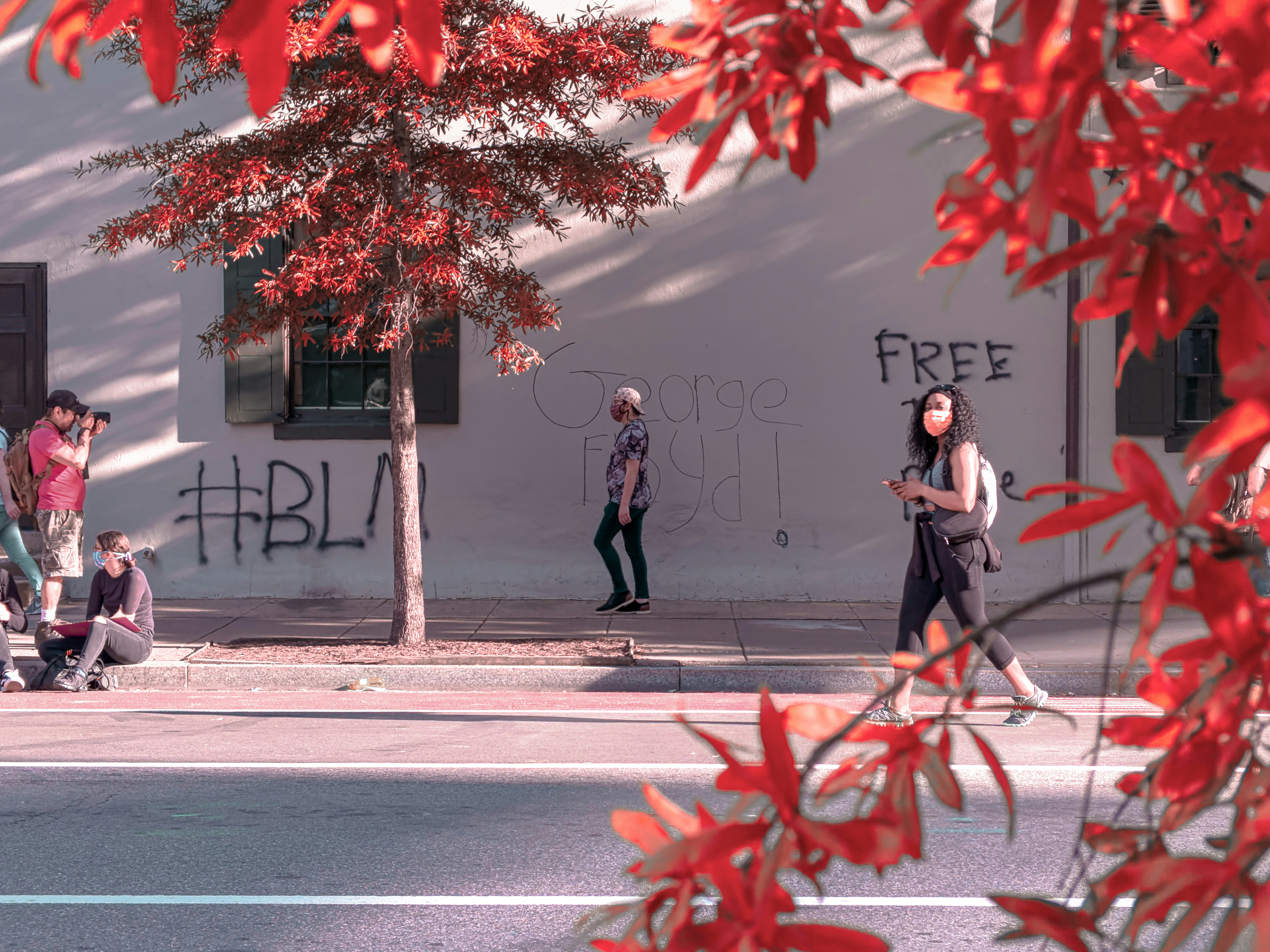 Urban sidewalk scene with pedestrians and graffiti on a wall, framed by red leaves in foreground; a candid moment on a sunny day. (Still image, not a painting or illustration.)