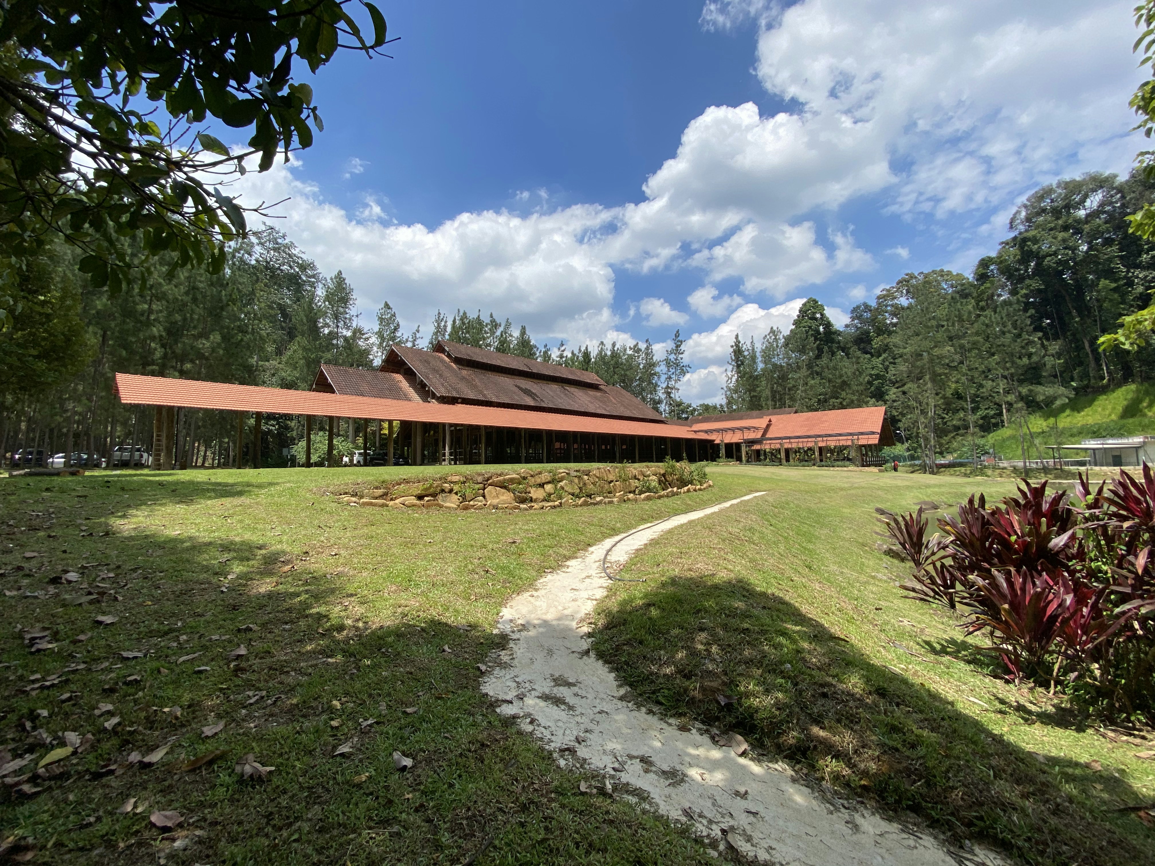 Red-Roofed Pavilion Framed by a Winding Path in a Lush Park