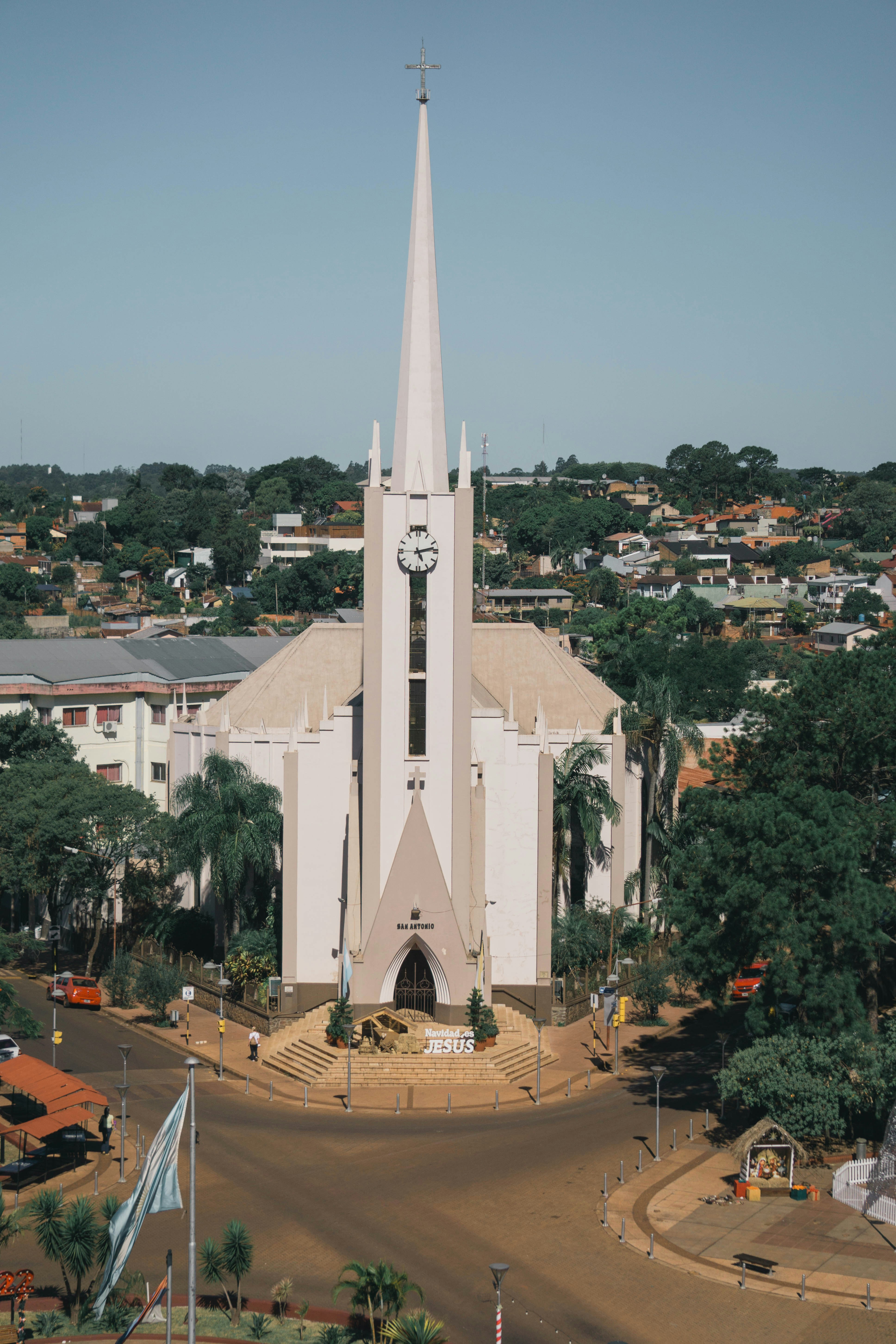 Towering Faith: A Central Church Spire Reaches Toward a Clear Sky