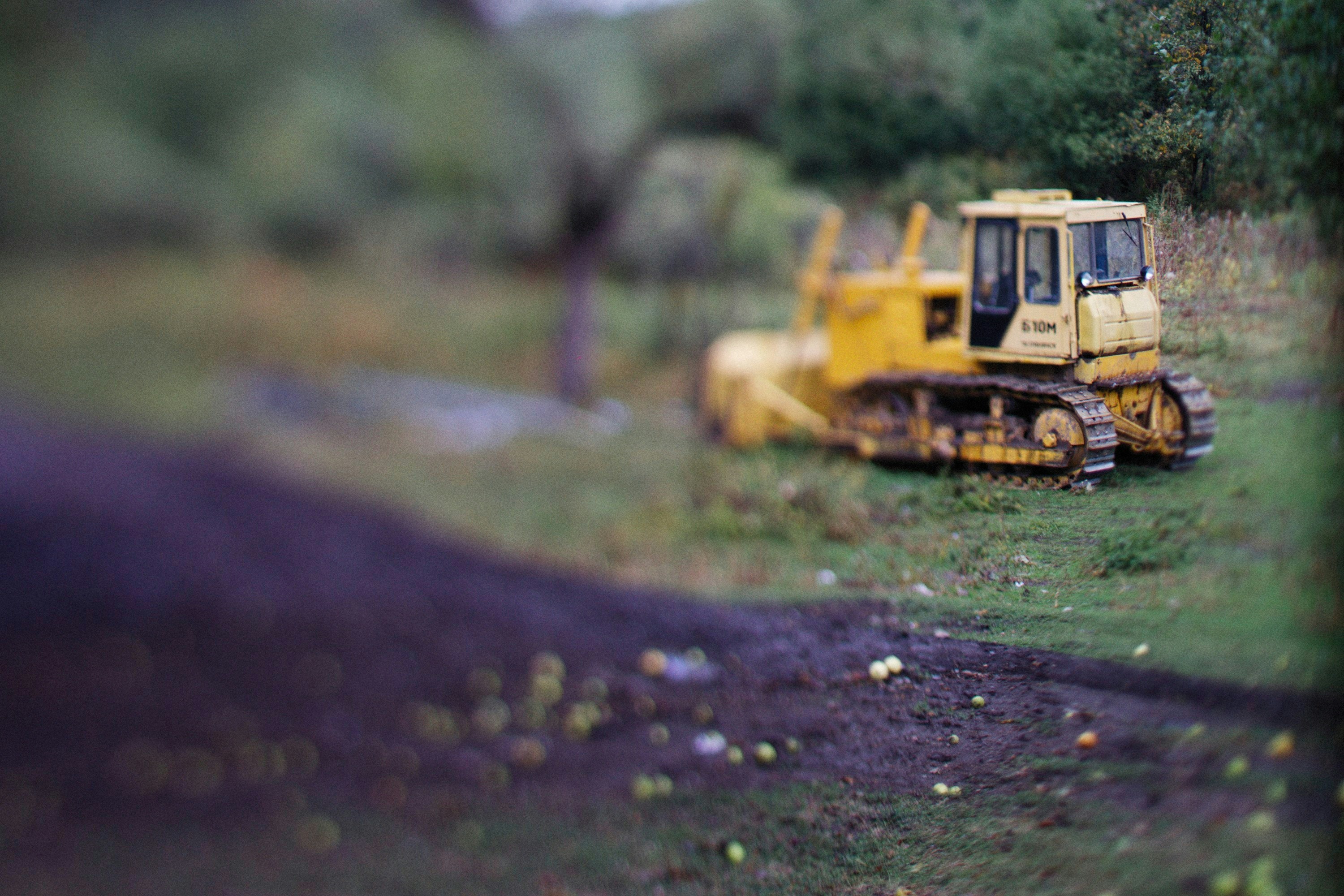 Yellow Construction Vehicle Drifts into Focus on Overgrown Lot