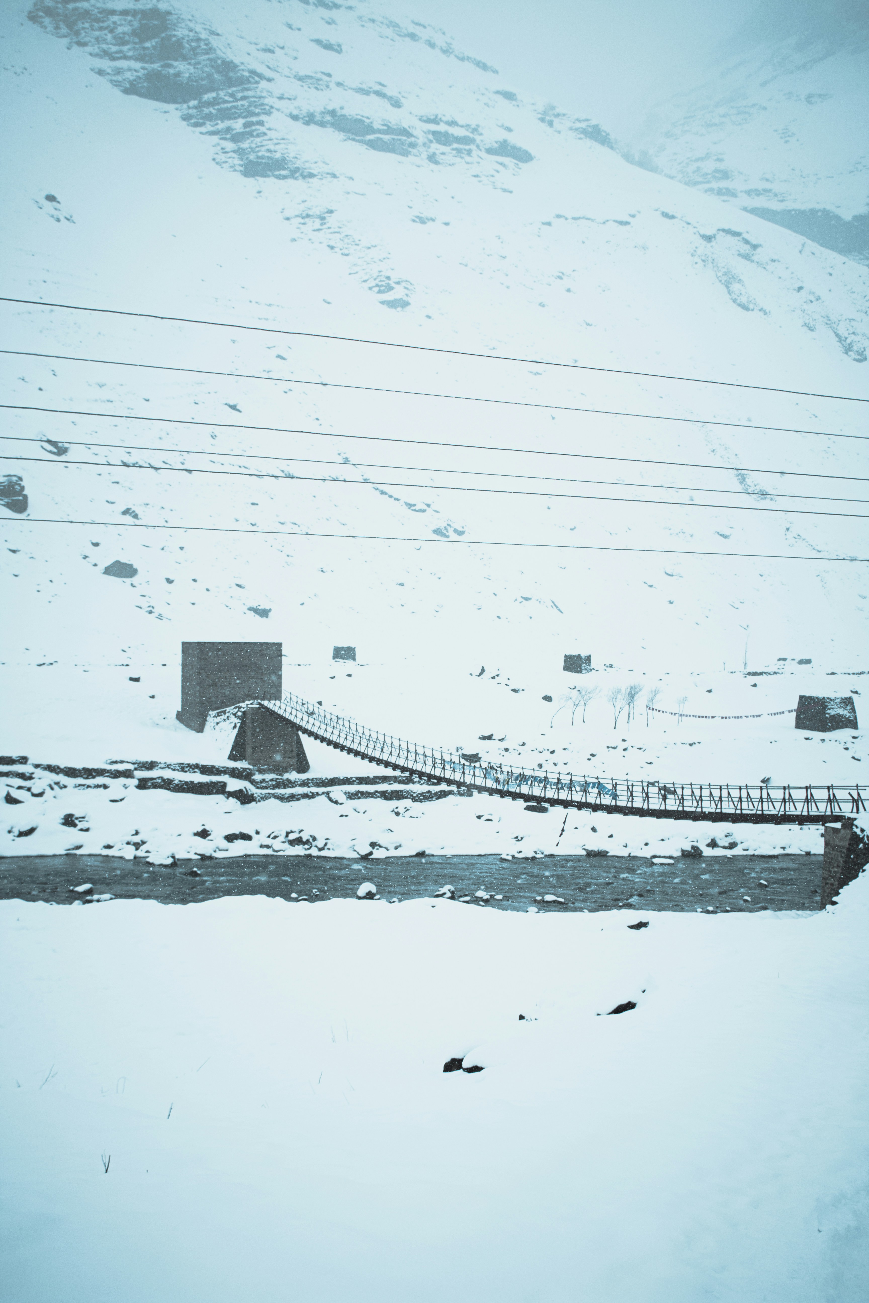 Snowbound Suspension: A Barren Cable Bridge in Frosted Peaks