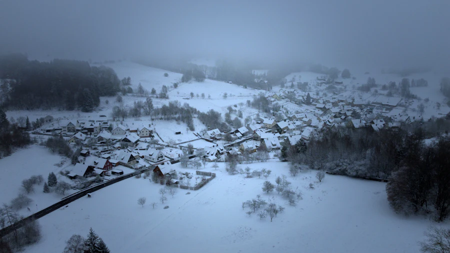 A snowy village spreads across a misty valley, with clustered rooftops, dark treelines, and open white fields under low fog.