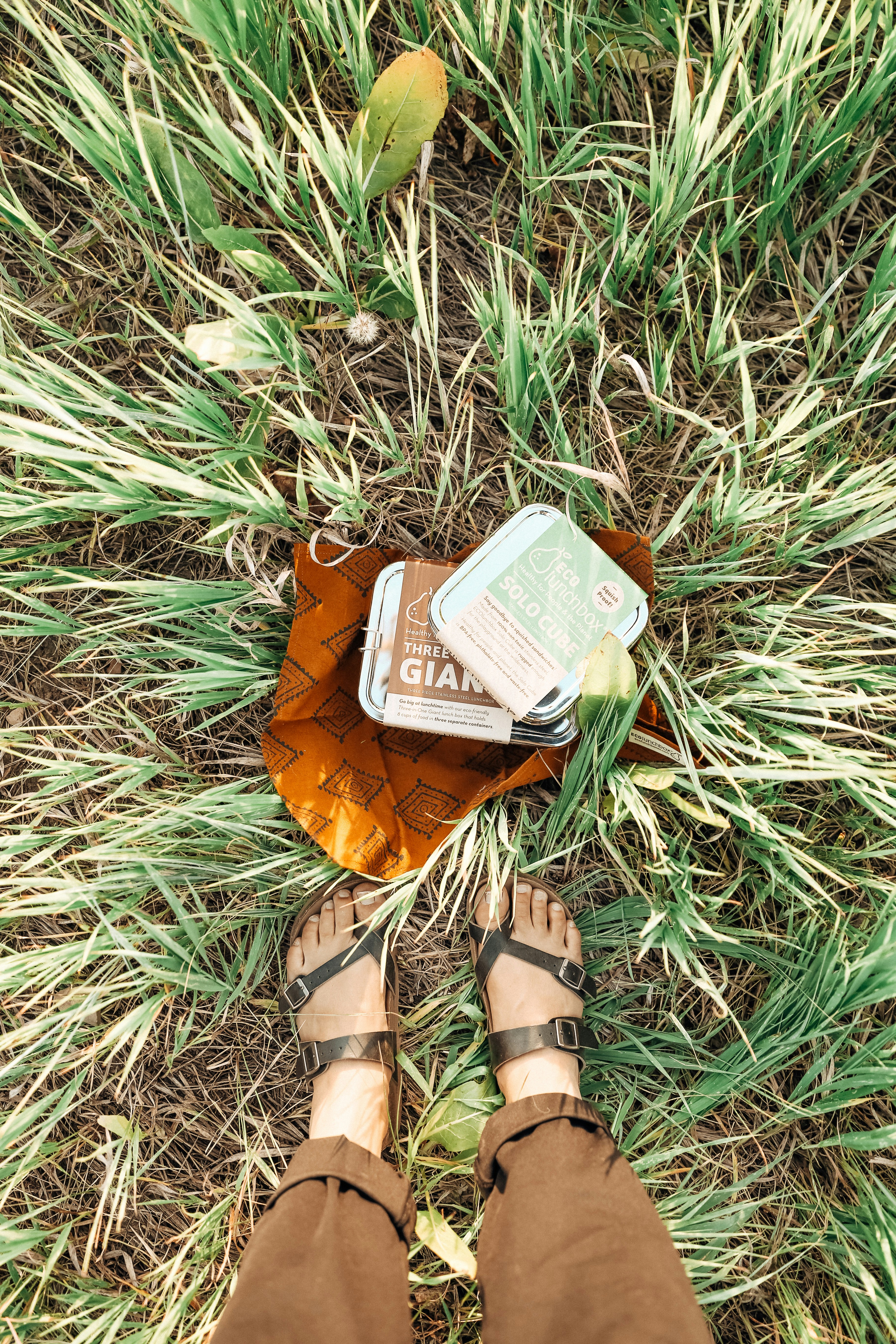 Barefoot on Grass with Snack Crate: A Moment of Ground-Side Calm