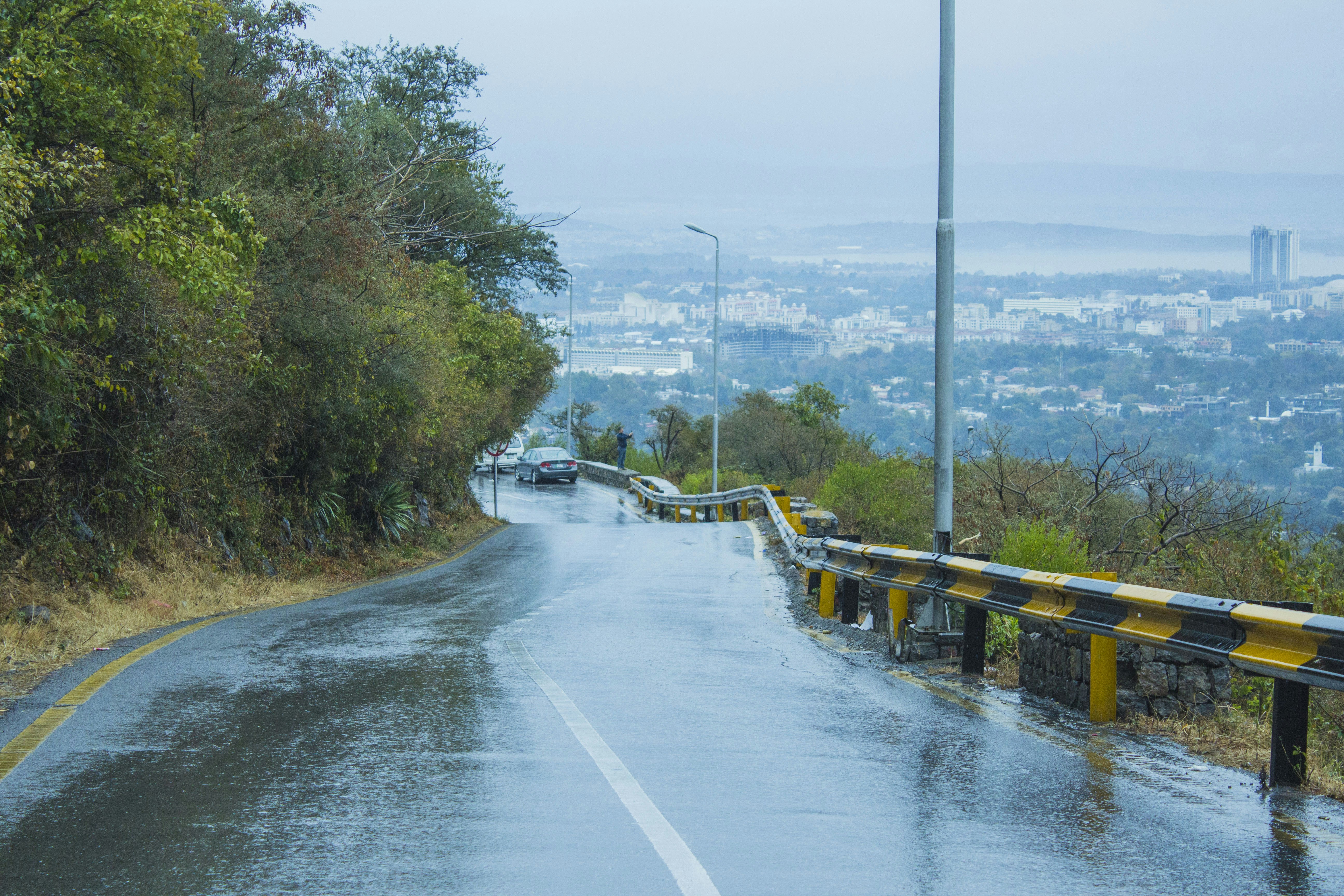 Curved road glistening with rain, flanked by lush greenery and distant city skyline under overcast sky.