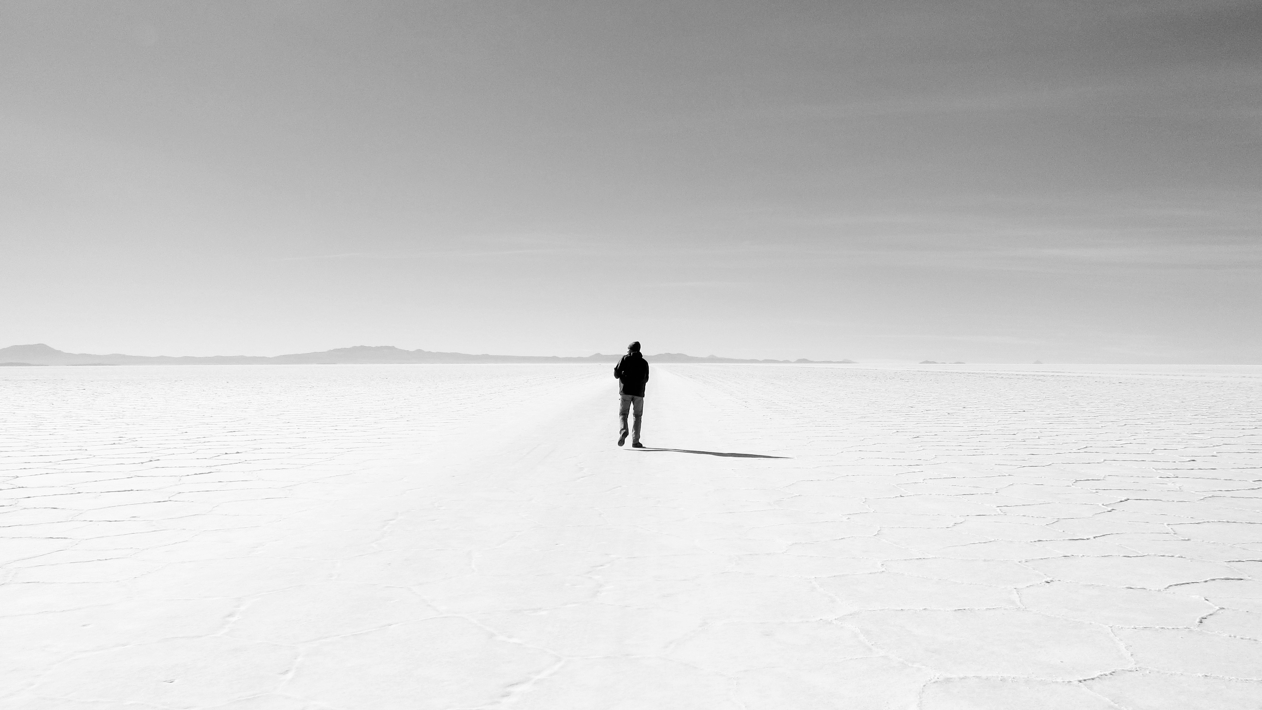 Person standing alone in a vast desert landscape under a clear sky.