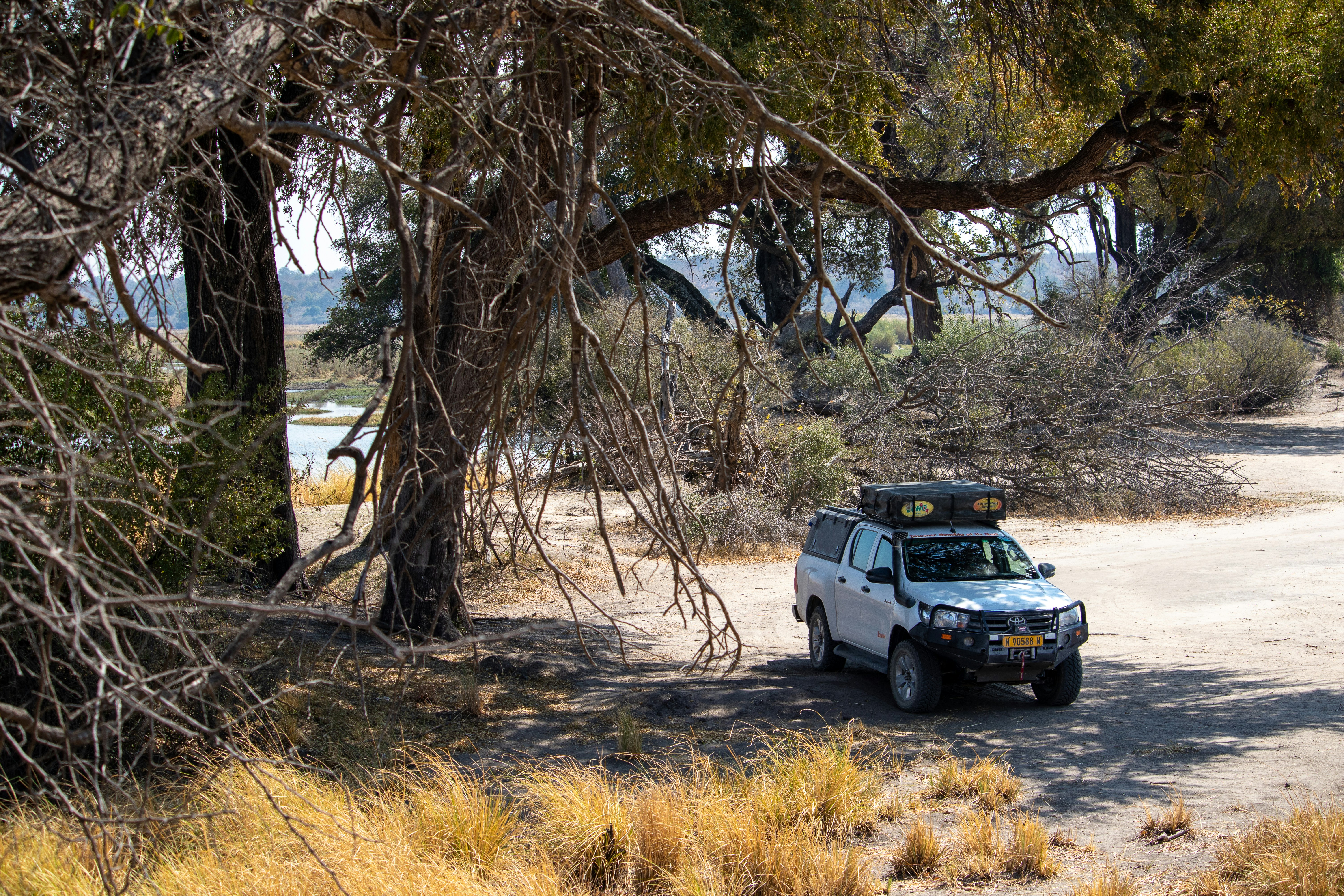 Off-road vehicle parked beneath sprawling trees by a dusty path with distant water view.