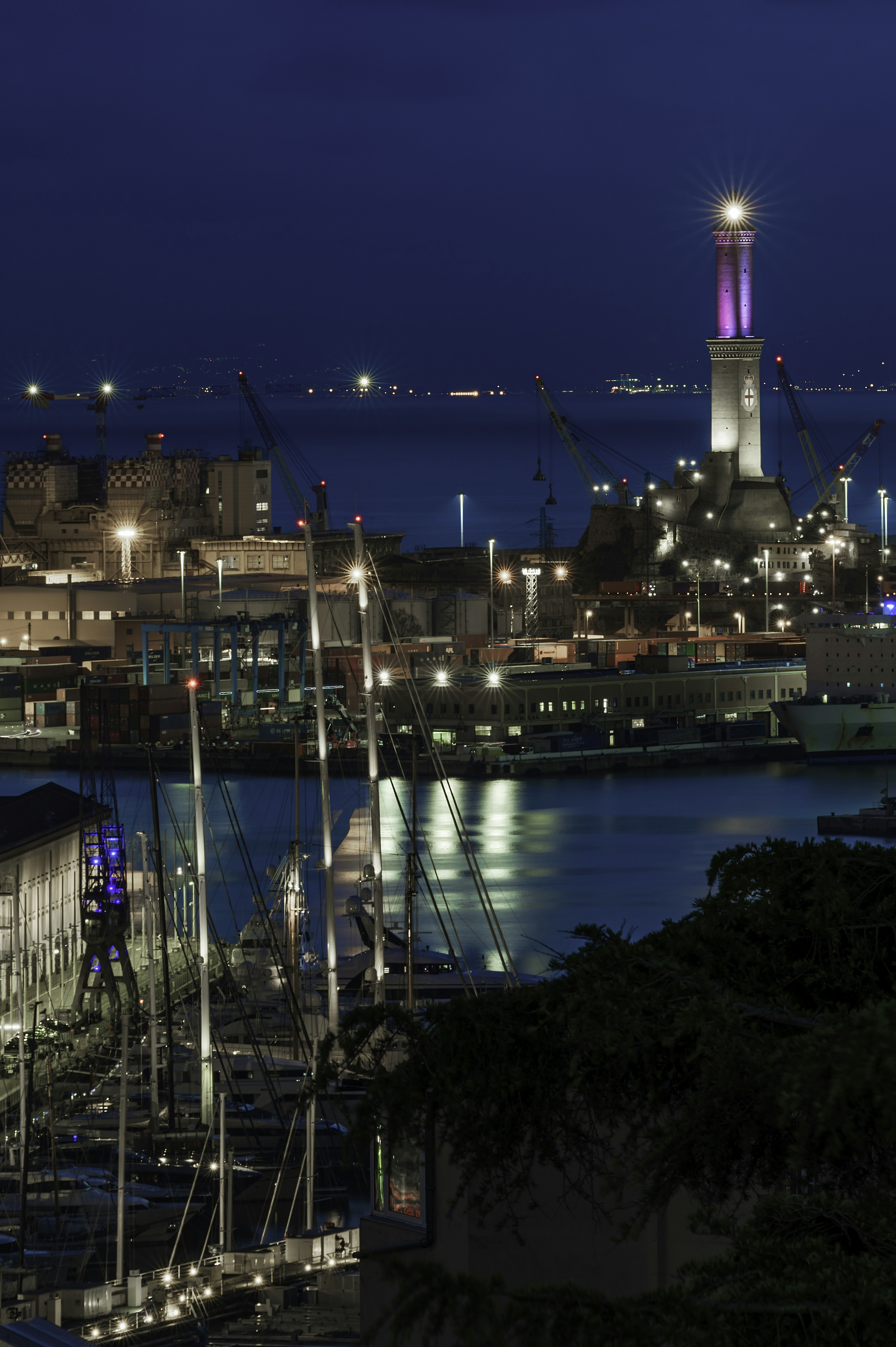 Lighthouse in Neon Harbor at Dusk