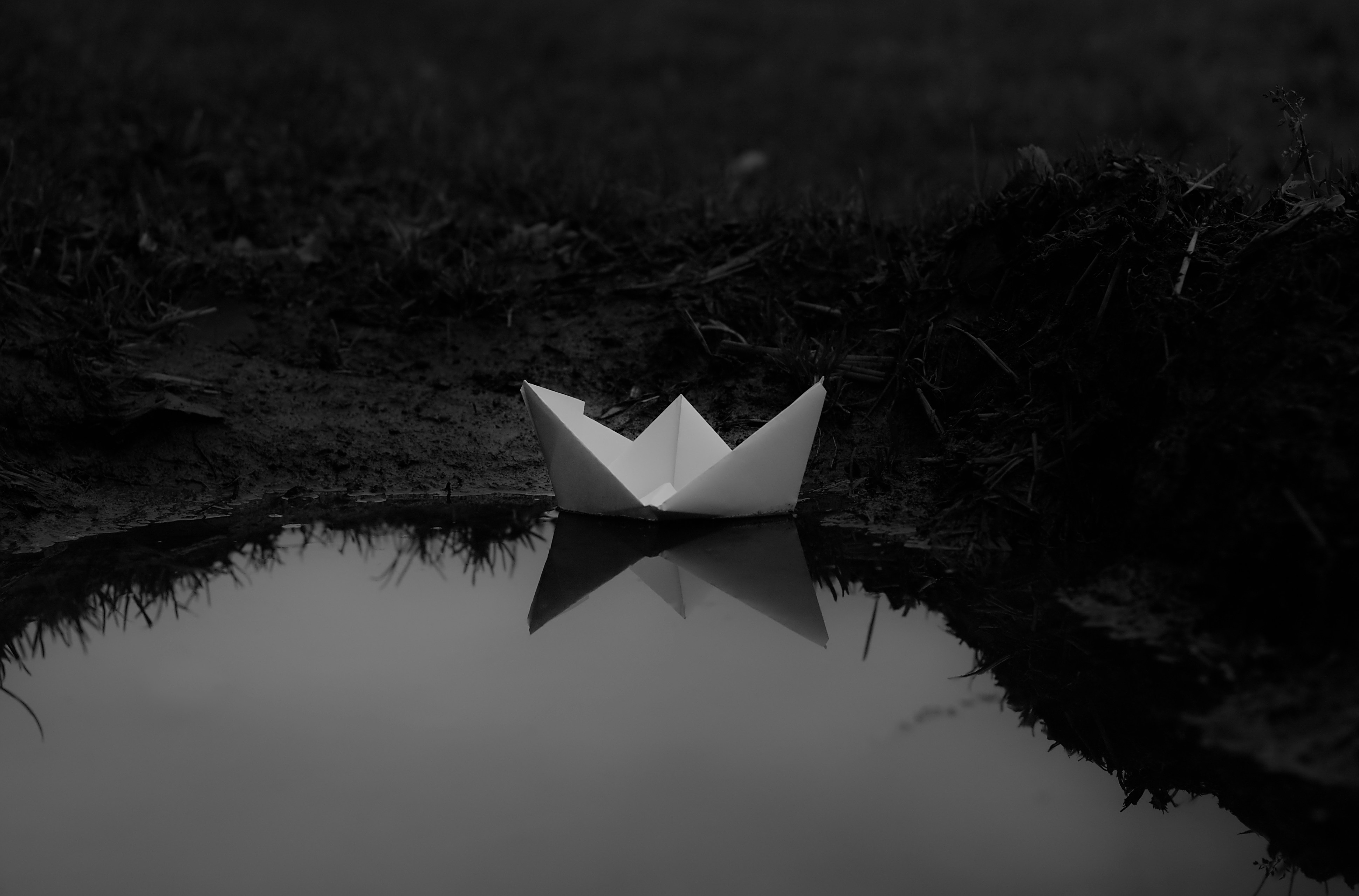 Monochrome Paper Boat: Quiet Reflection on a Still Pond