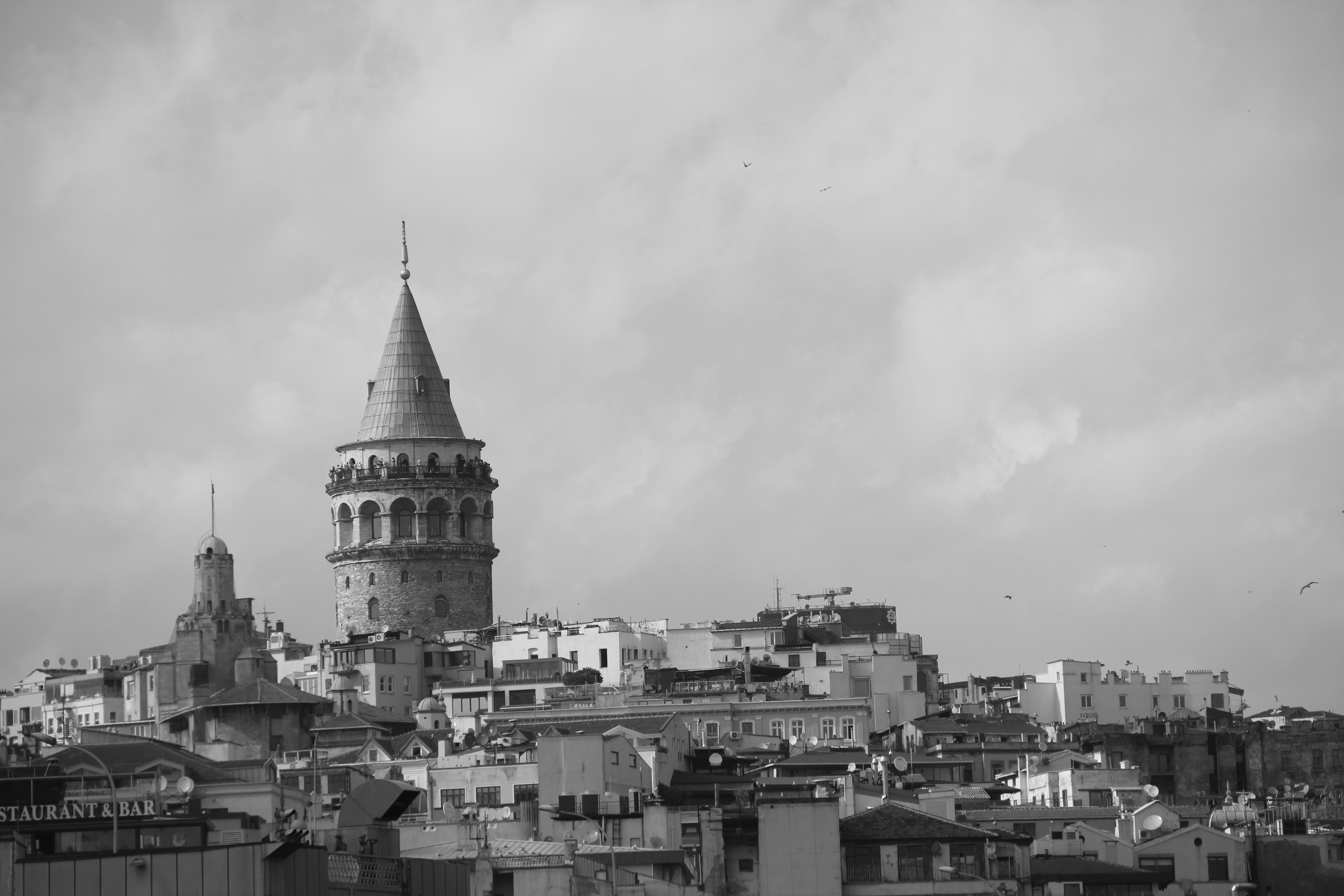 Galata Tower rising majestically above the city skyline, surrounded by a patchwork of rooftops in monochrome tones.