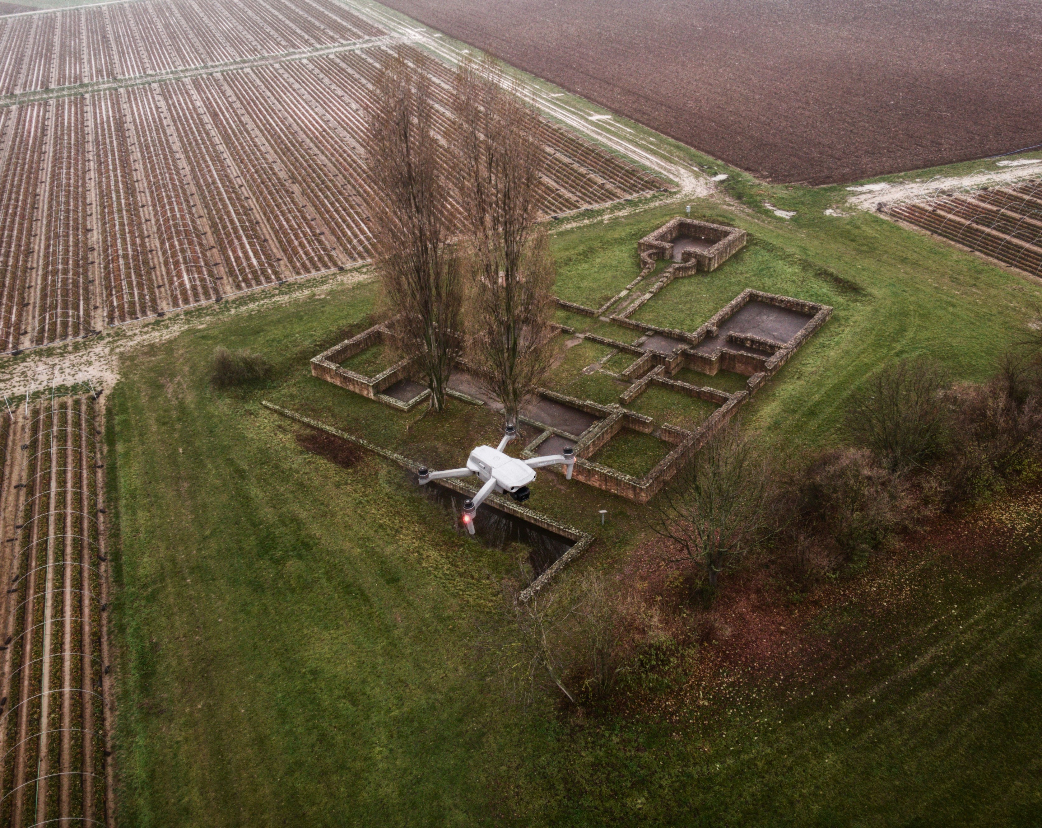 Drone in flight from above roman Ruins of a villa rustice