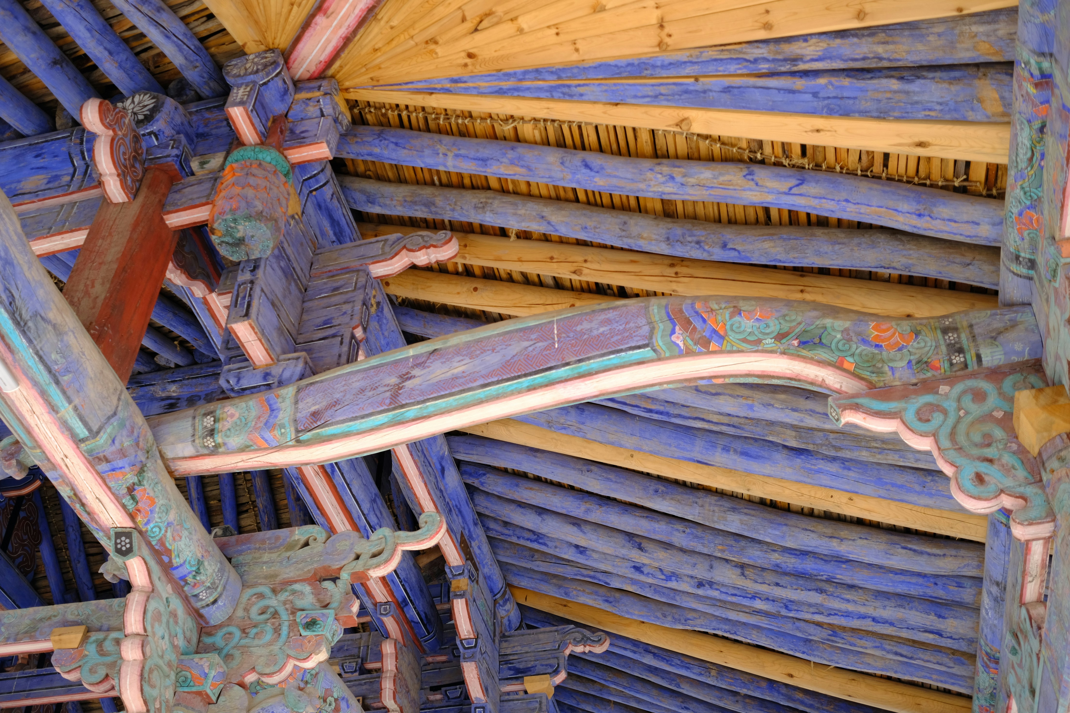 A close up of a roof made of wooden beams photo – Free South korea ...