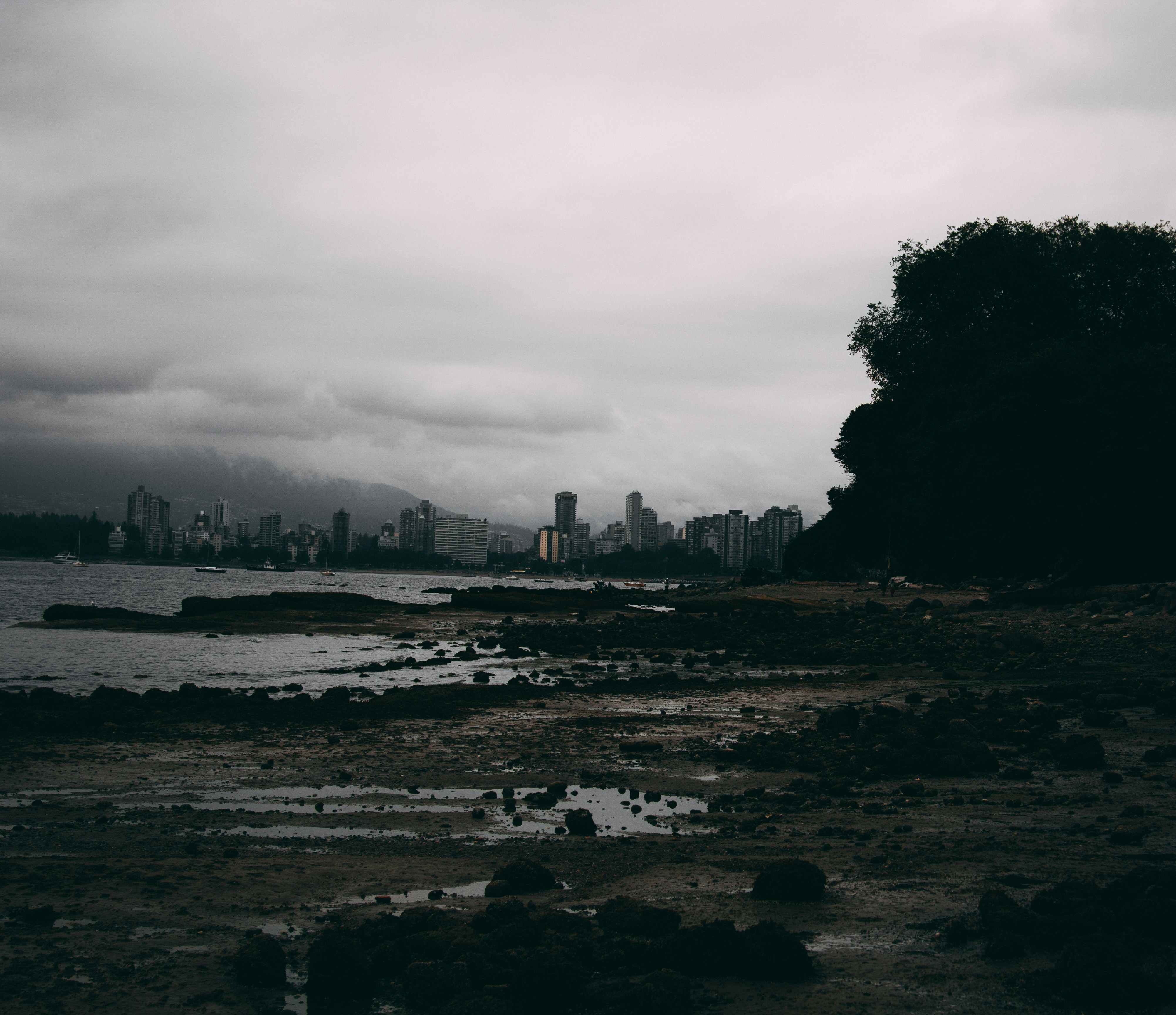 A moody shoreline at dusk, where rocky formations meet a distant city skyline shrouded in clouds.
