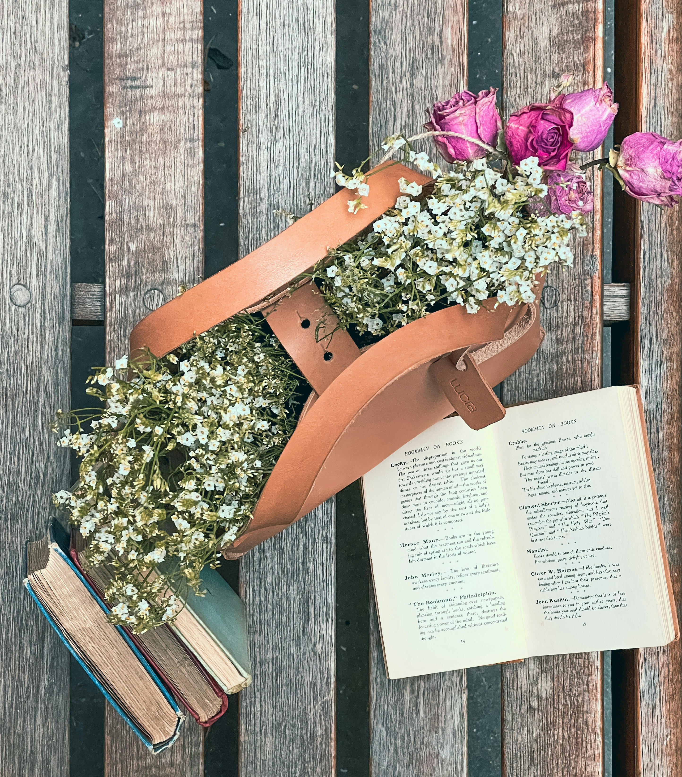 Bouquet of Books: Florals Resting on Weathered Slats