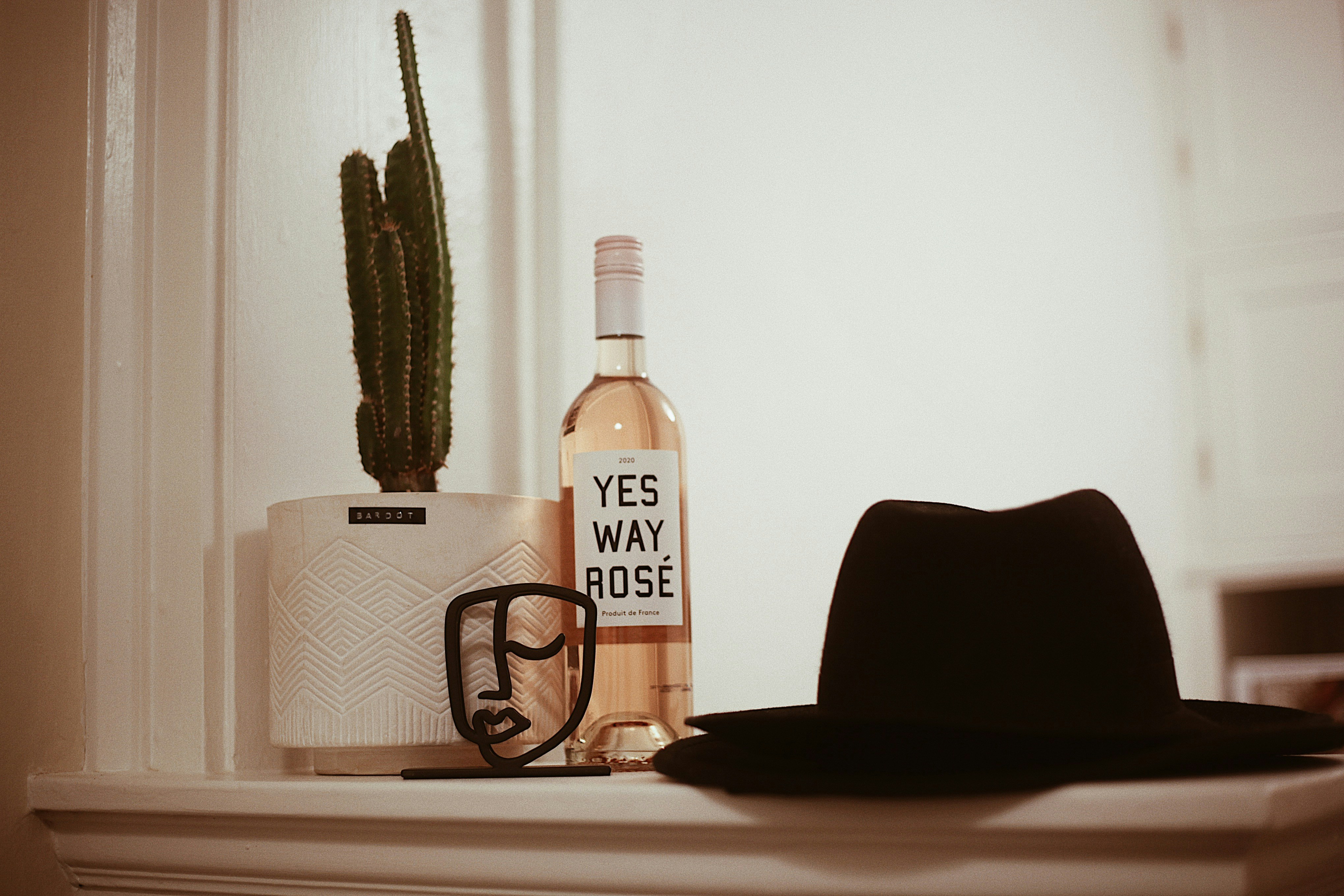 Yes Way Rosé on a Quiet Mantel: Cactus, Geometric Planter, and a Fedora Shadow