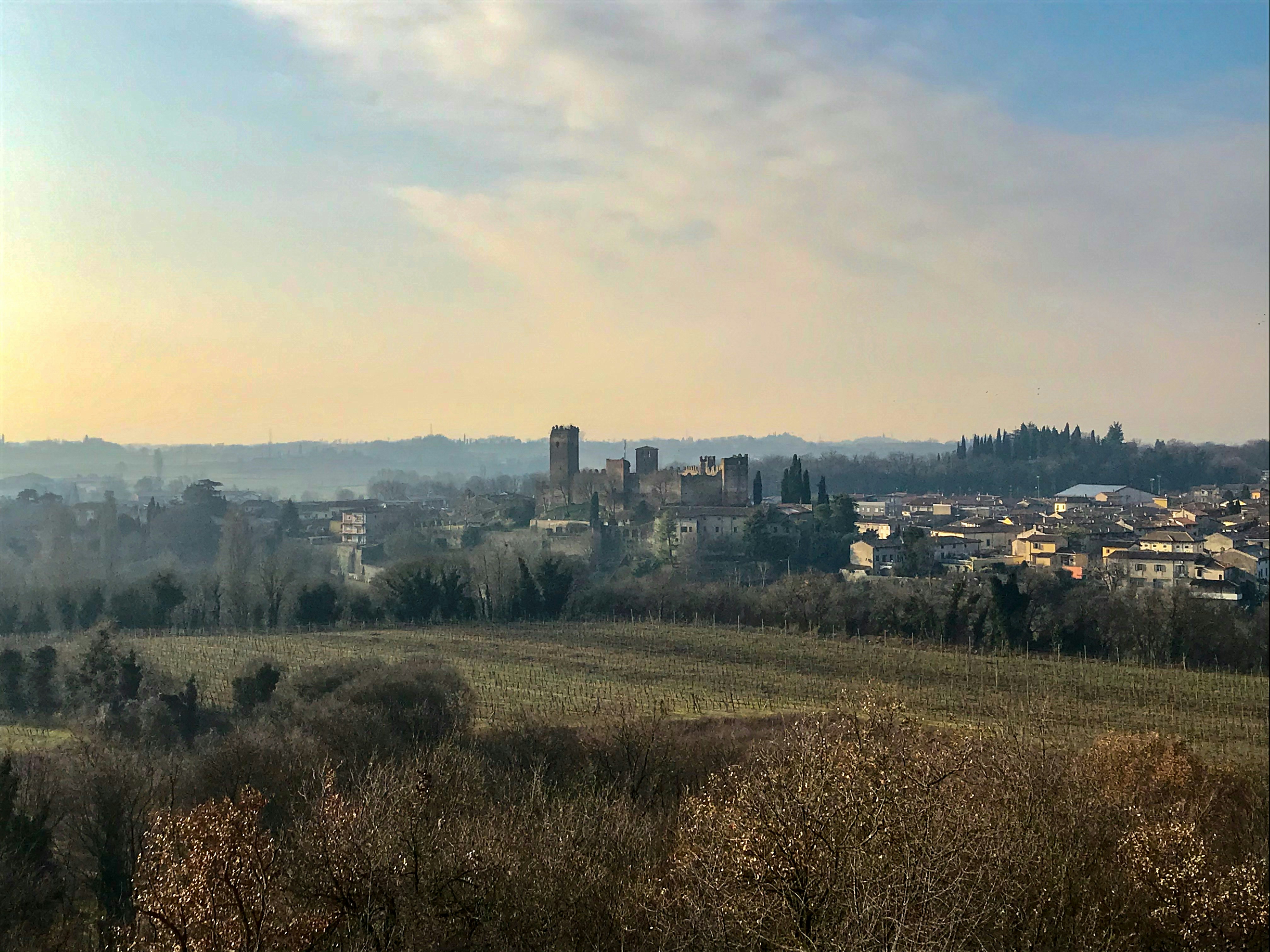 Italian countryside with a distant city skyline under a soft, cloudy sky.