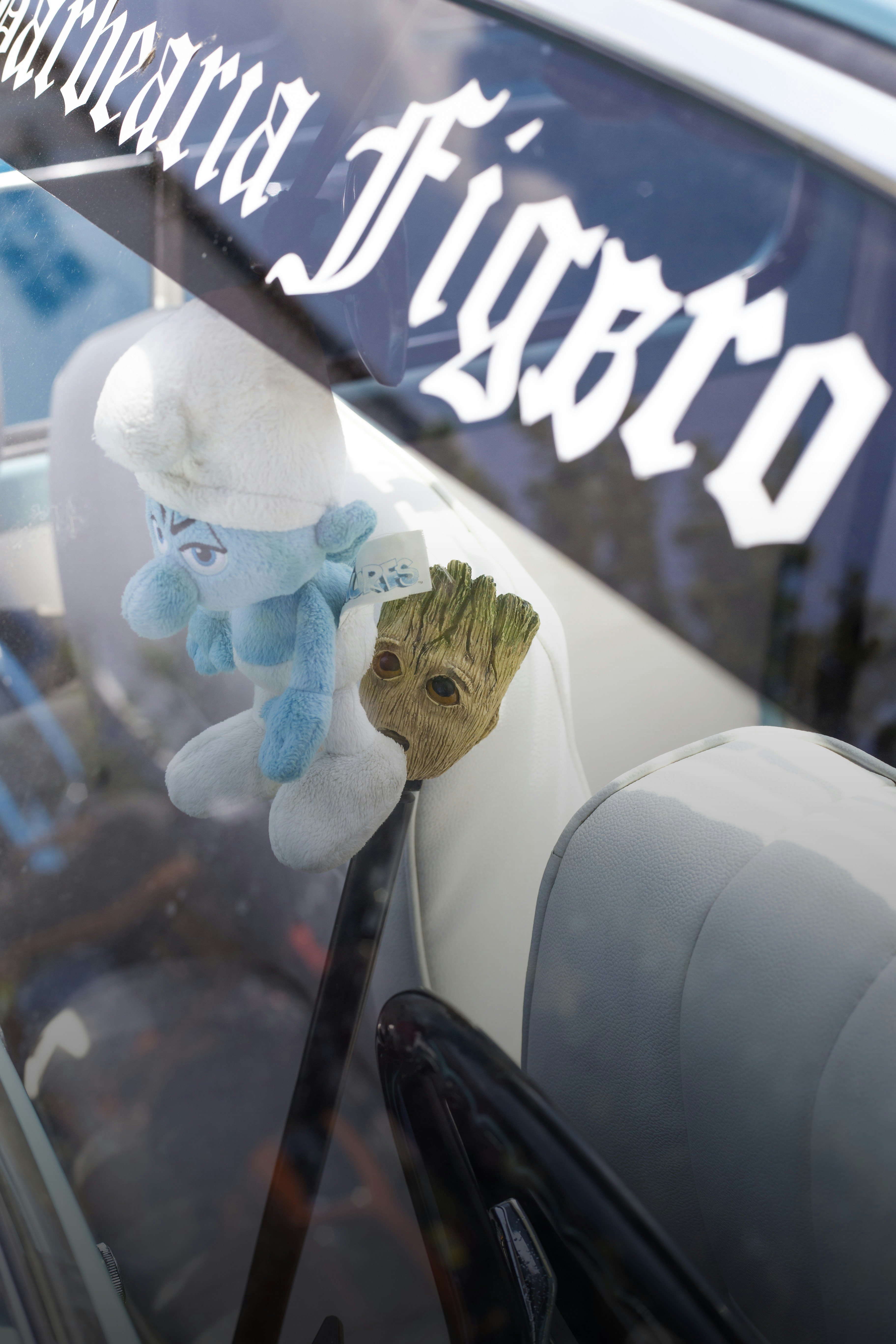 A stuffed animal is hanging out of a car window photo – Free Grey Image ...
