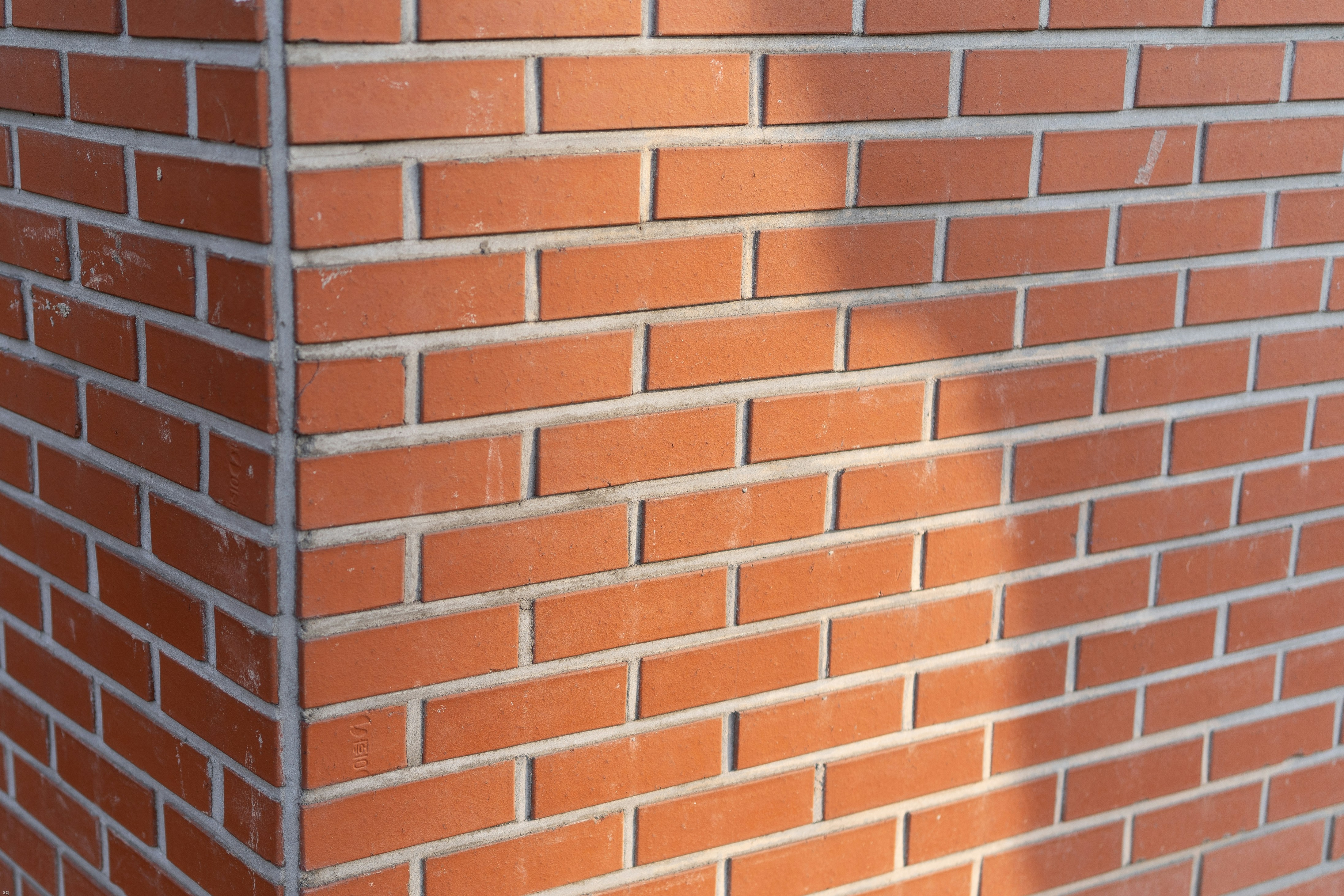 Close-up of a textured brick wall, showcasing the interplay of light and shadow on the surface.