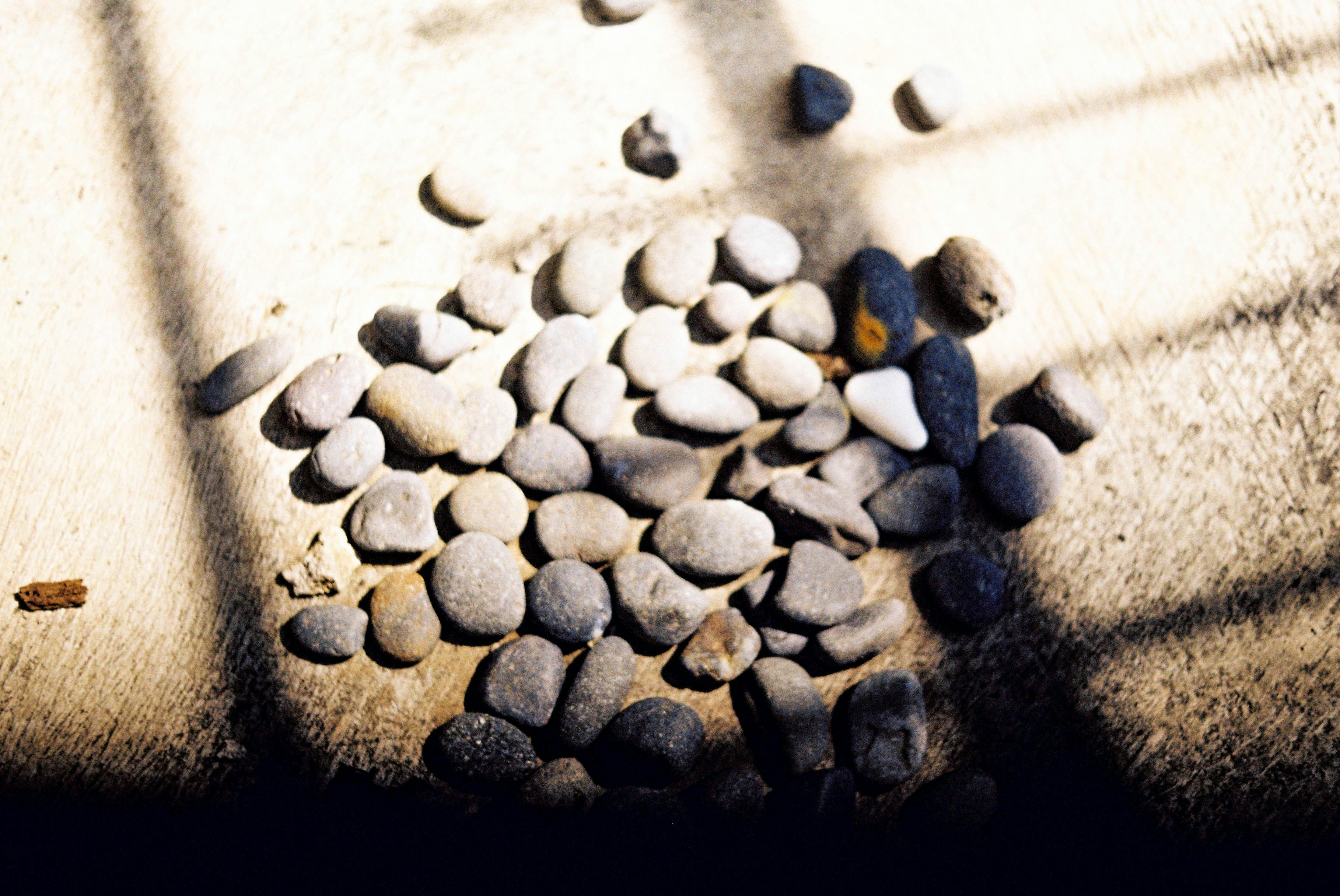 A scattered assortment of smooth pebbles resting on a concrete surface, partially illuminated by sunlight. The interplay of light and shadow enhances the texture and colors of the stones.