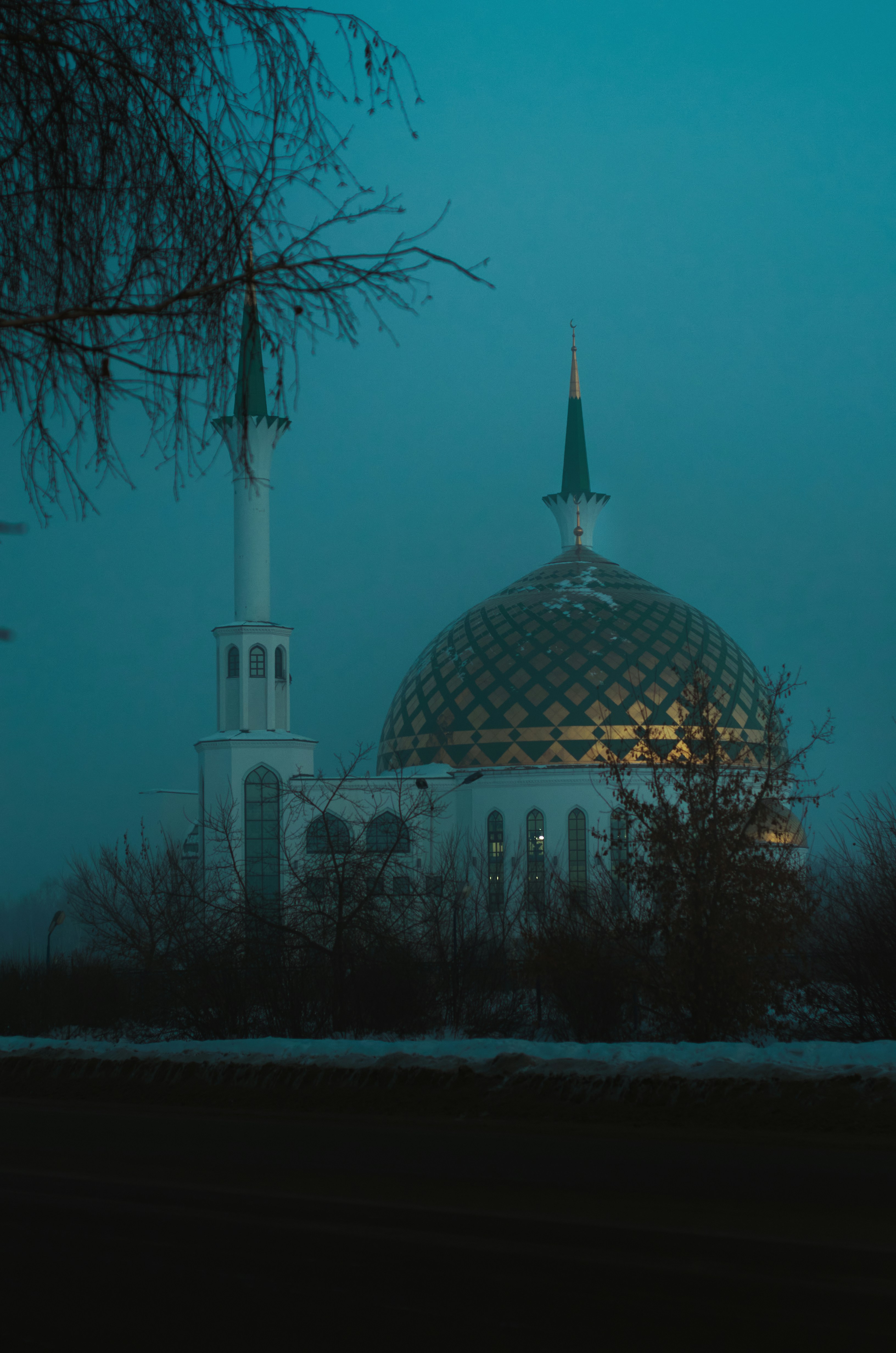 Evening Silhouette: Geometric Dome Crowned by Twin Minarets