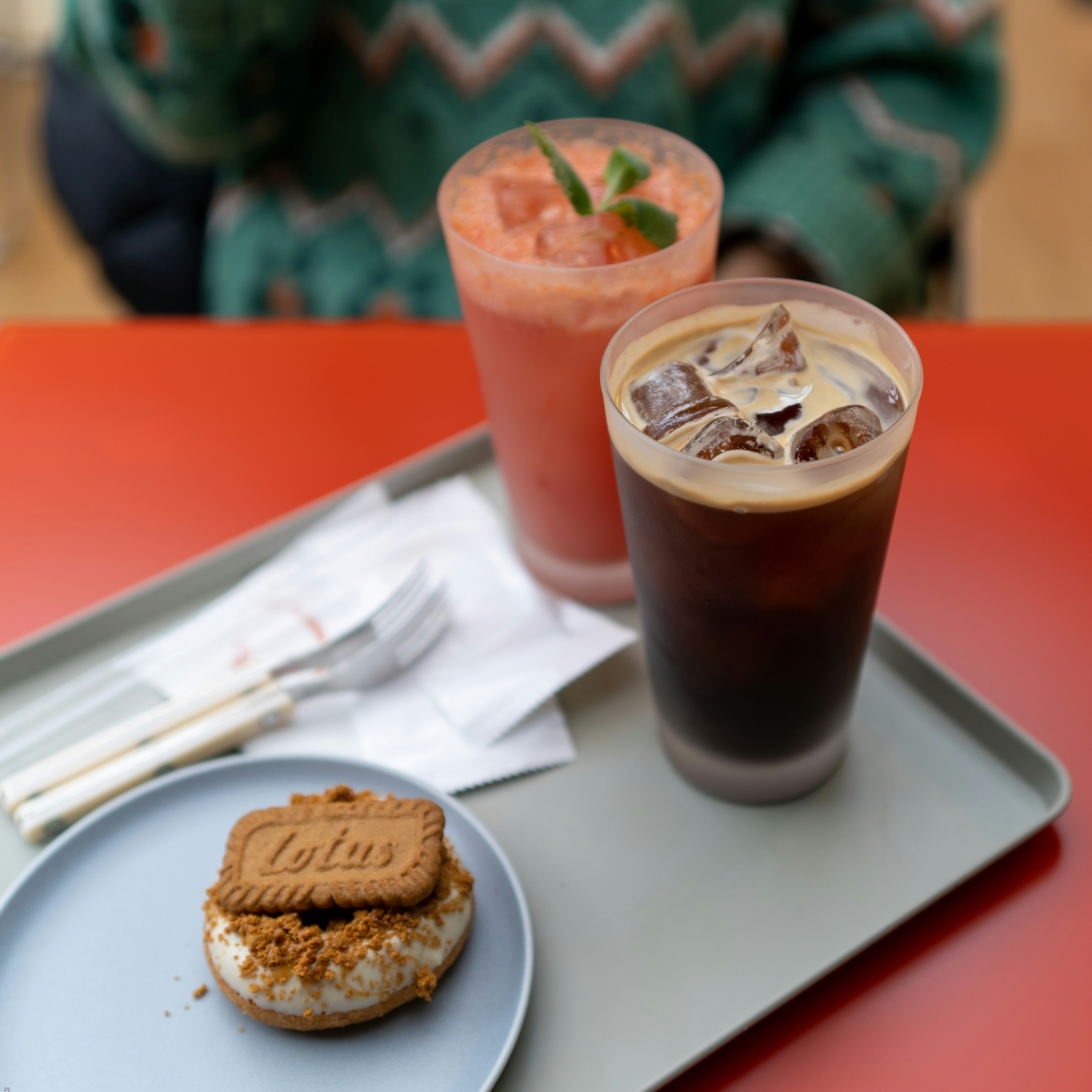 Cafe Tray Serenade: Iced Coffee, Hot Cocoa, and a Cookie Moment