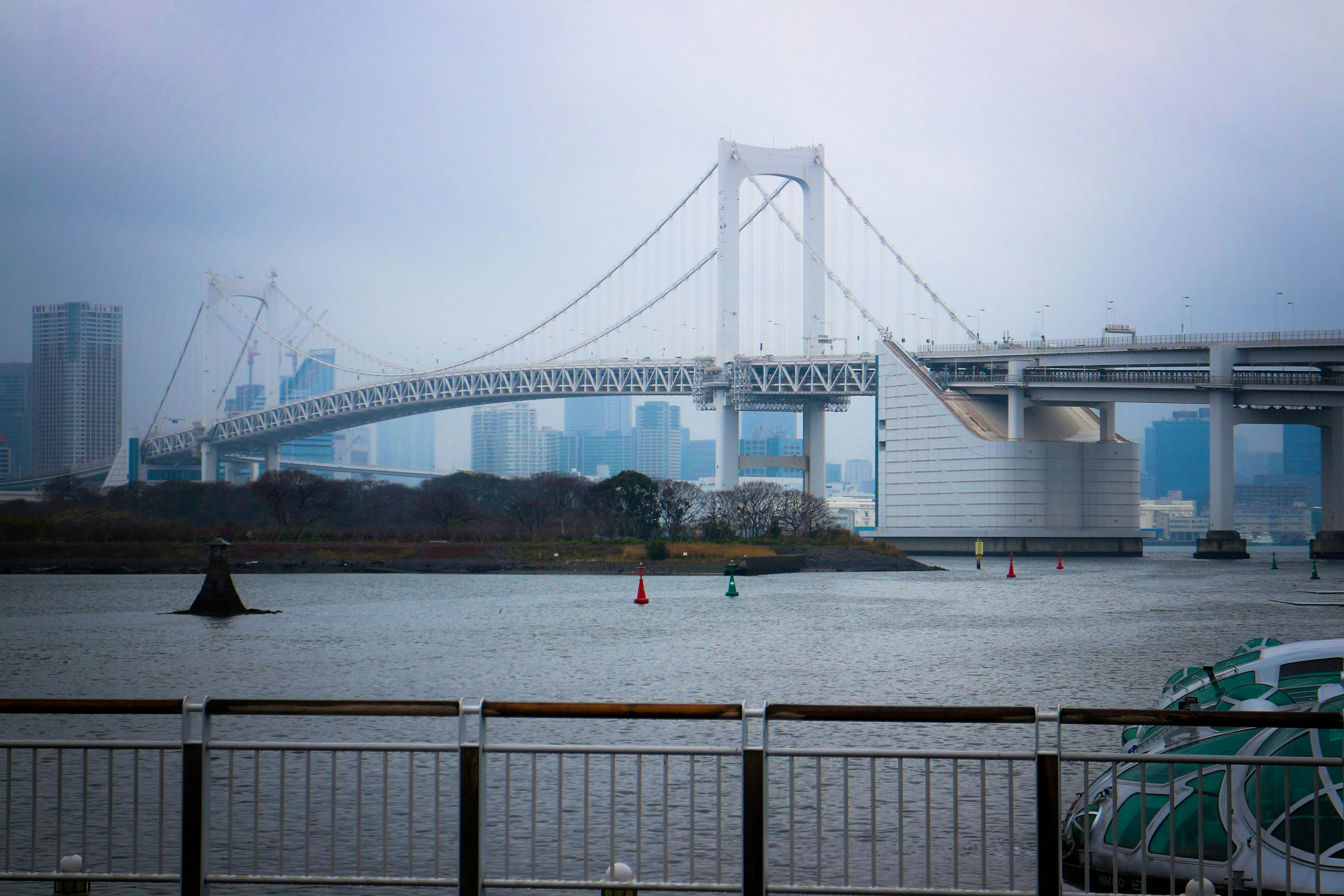Cable-arched Dawn: A Quiet Waterfront Framed by a Modern Suspension Bridge