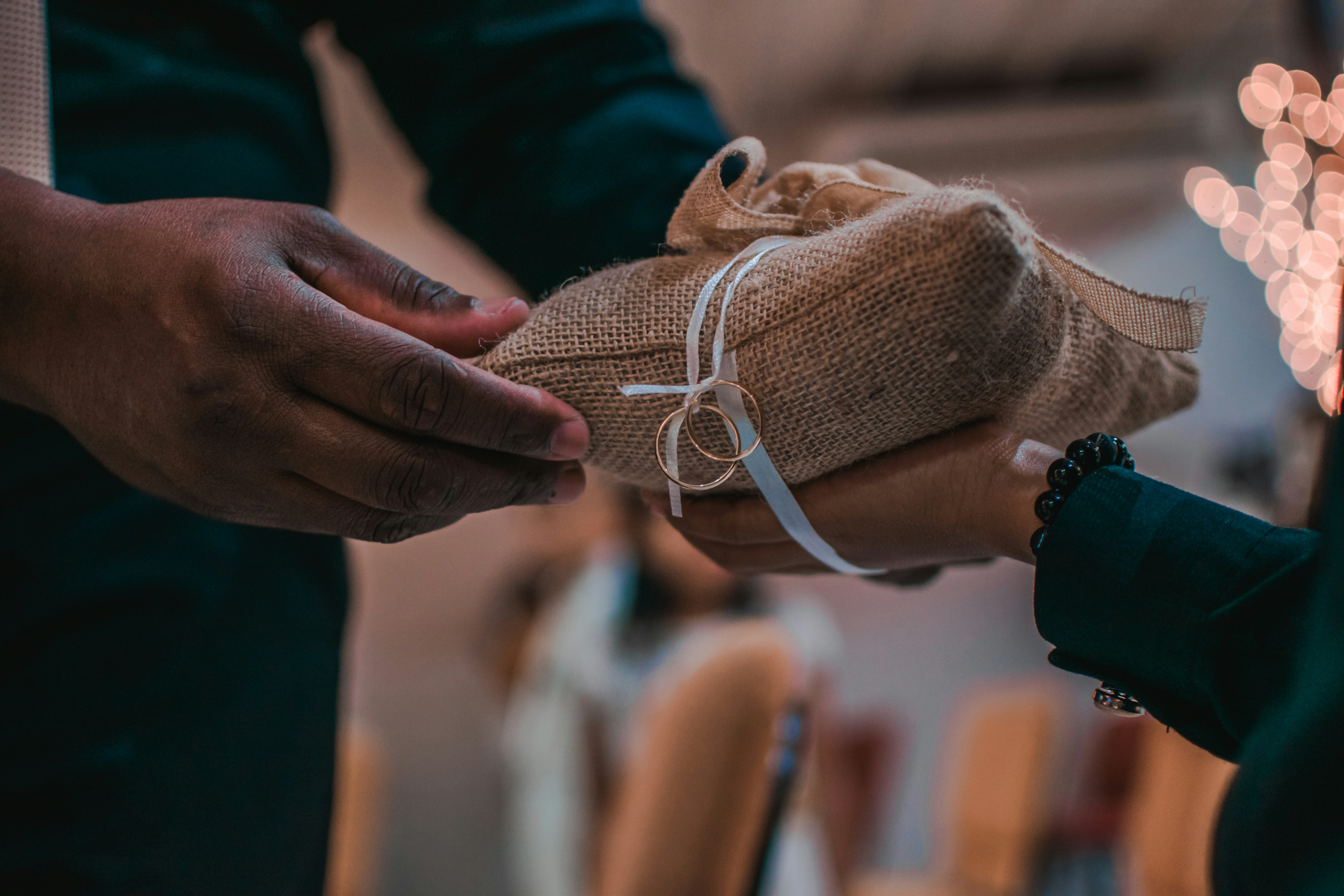 A Burlap Shoe Exchange: Hand-to-Hand Promise at a Warm Ceremony