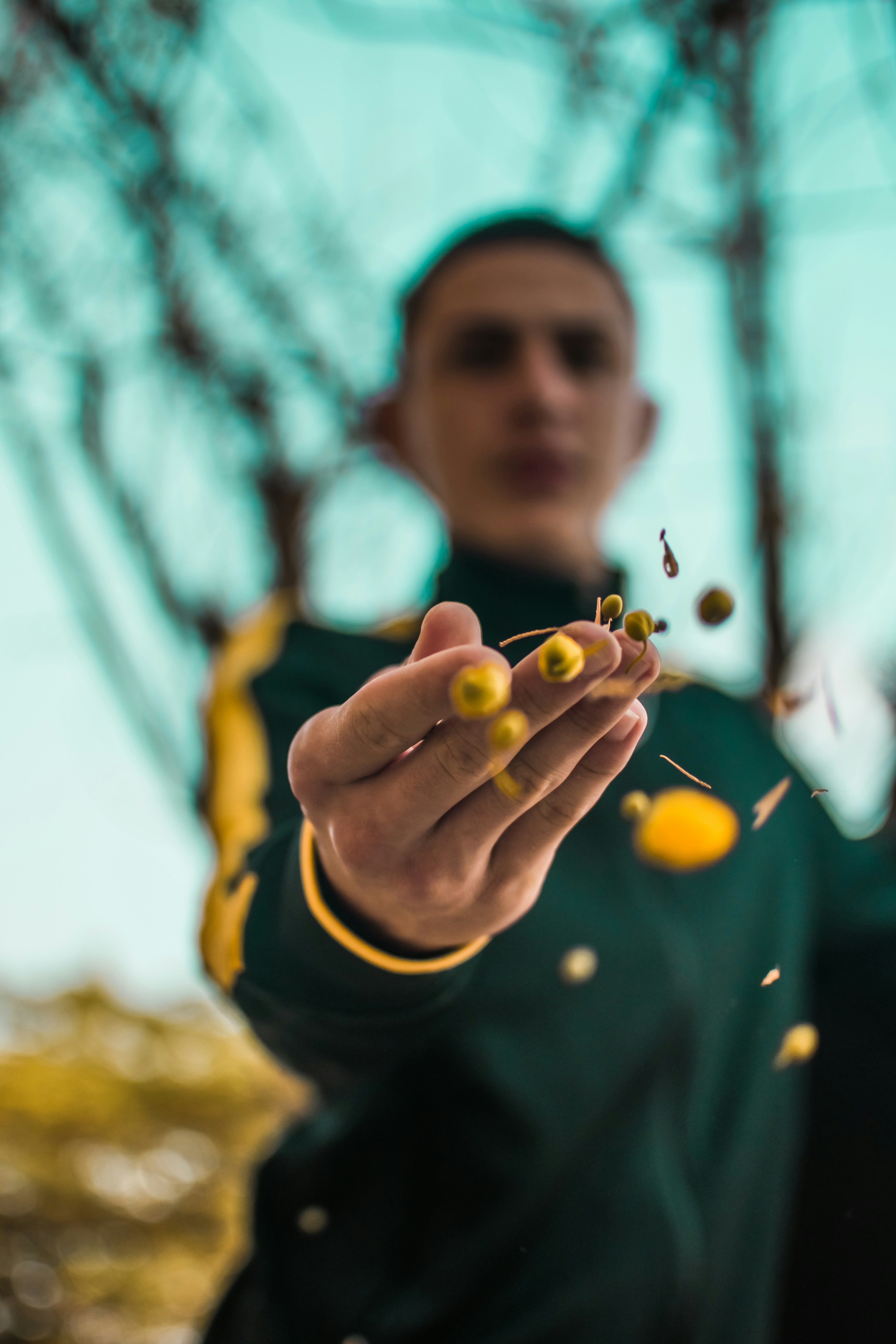 A man in a green jacket throwing oranges into the air photo – Free ...