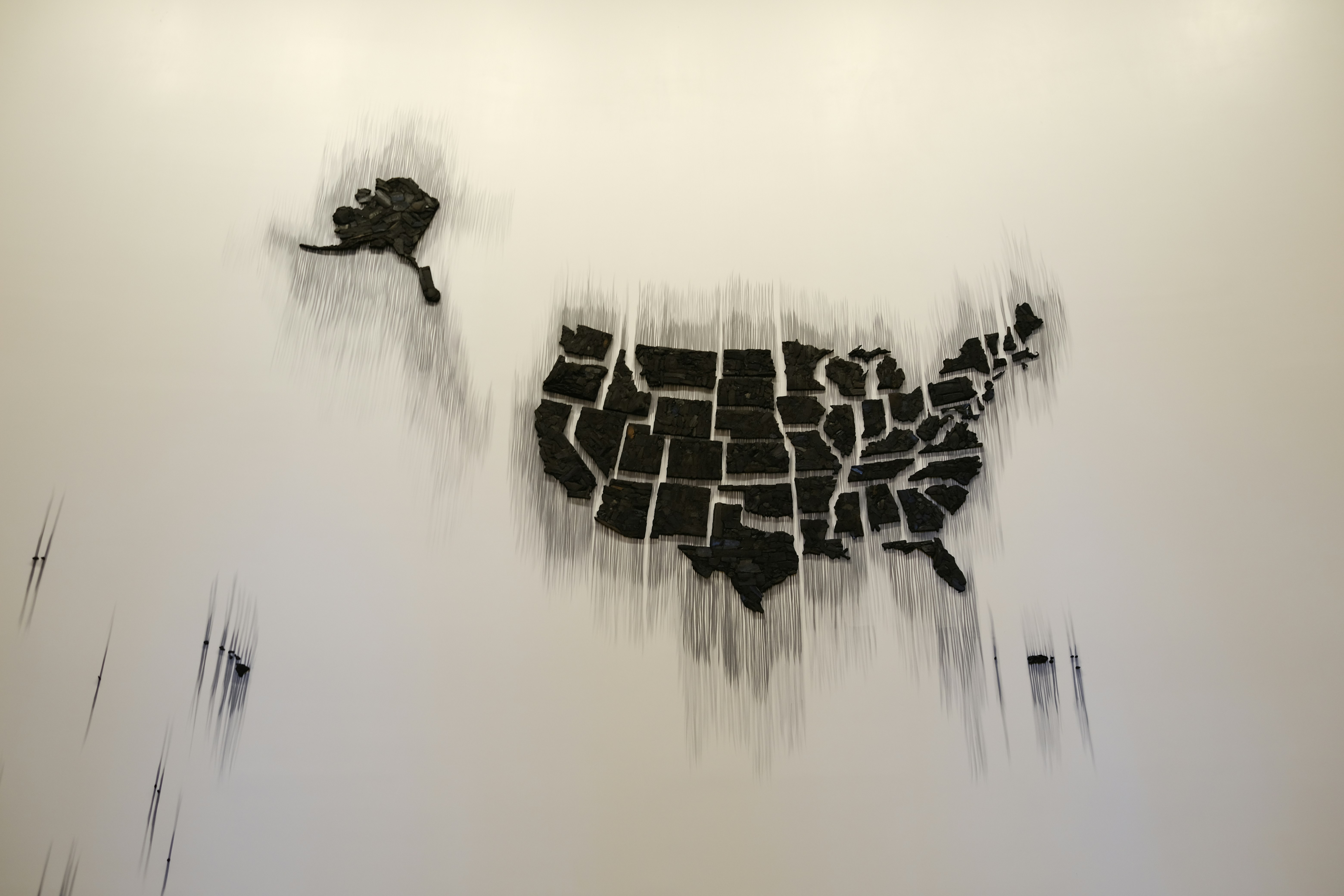 Abstract representation of the United States, featuring a textured black outline against a white background, symbolizing geographical shifts and transformations.
