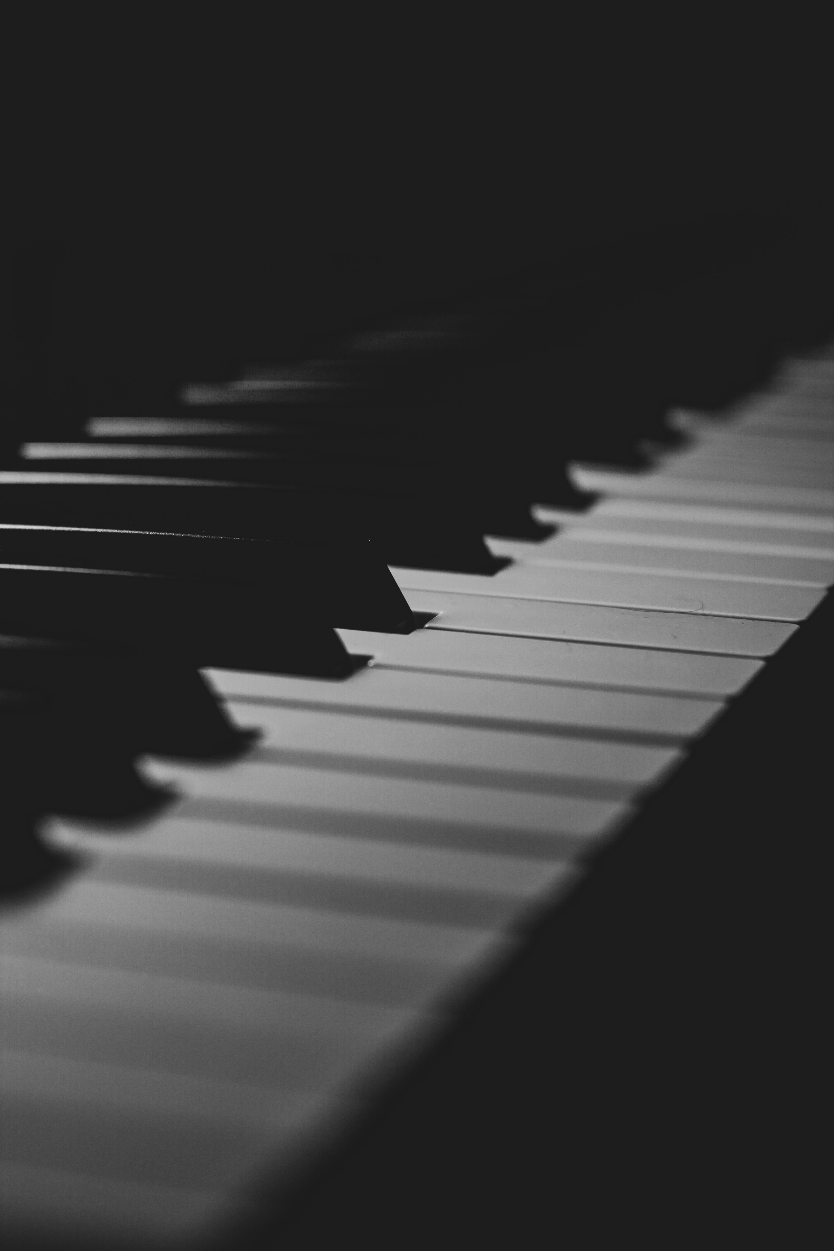 Close-up of piano keys showcasing the interplay of light and shadow in monochrome tones.