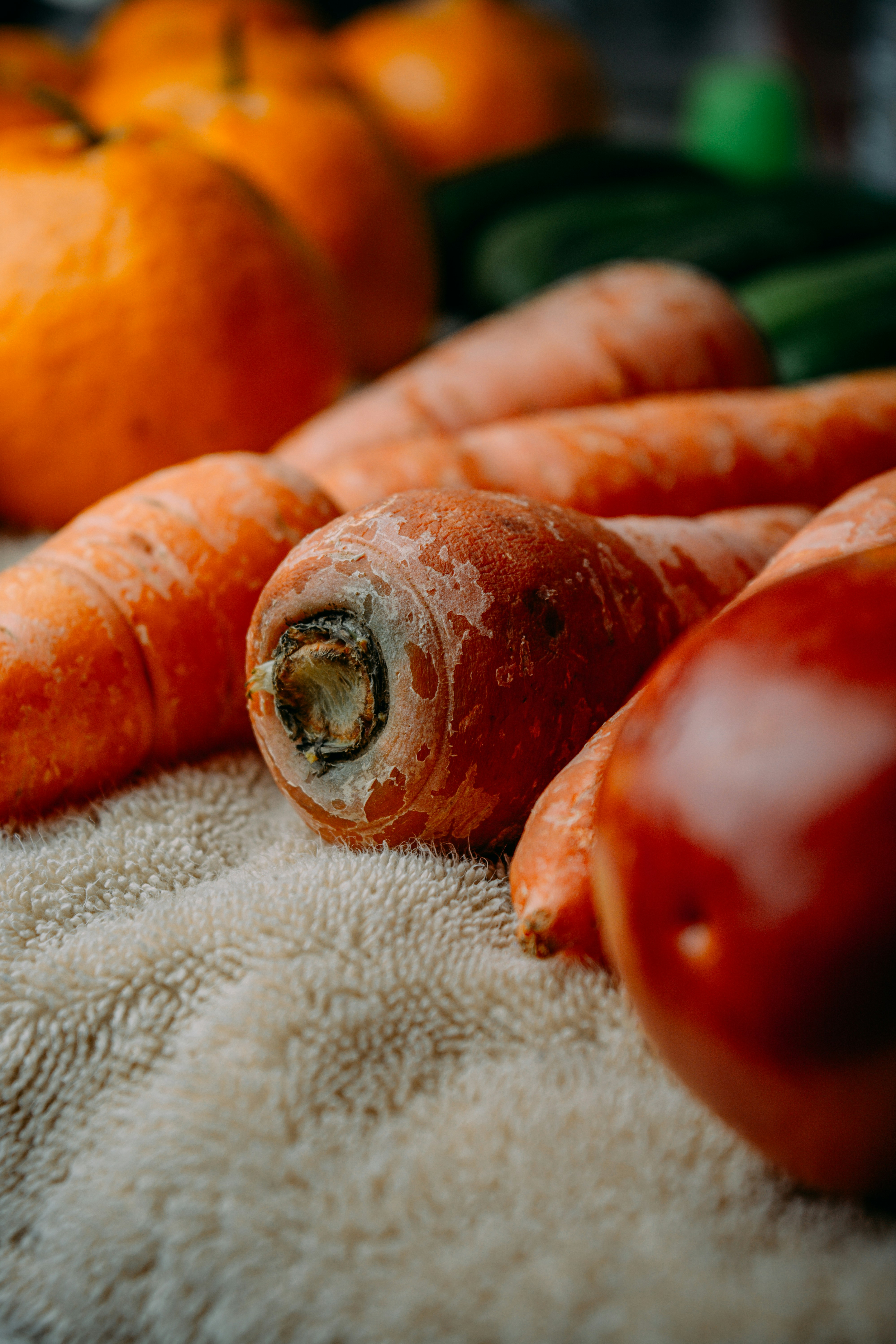 Texture Portrait: Close-Up Carrots on Soft Linen