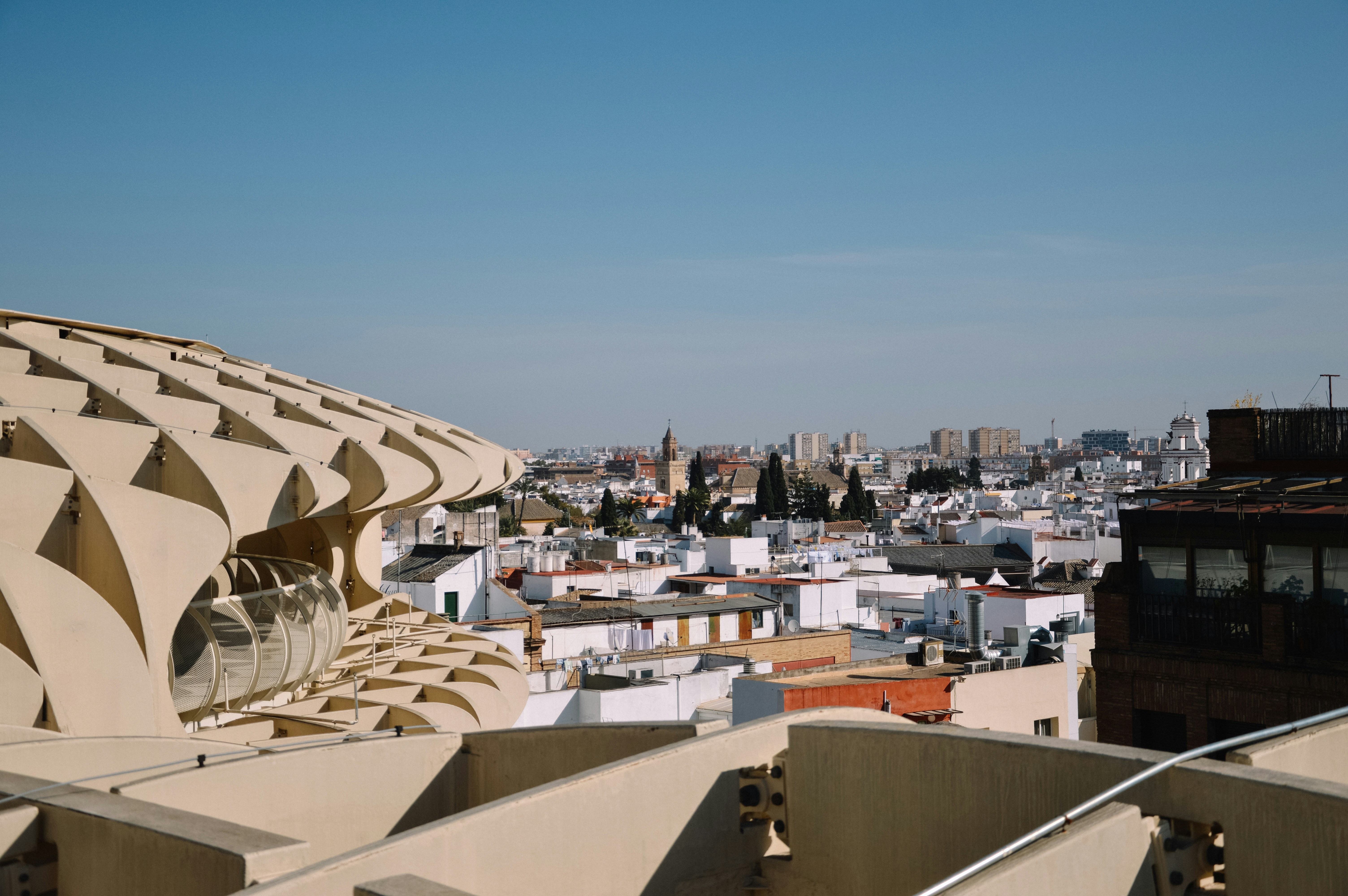 Ribbed Concrete Canopy Framing a Distant Cityscape