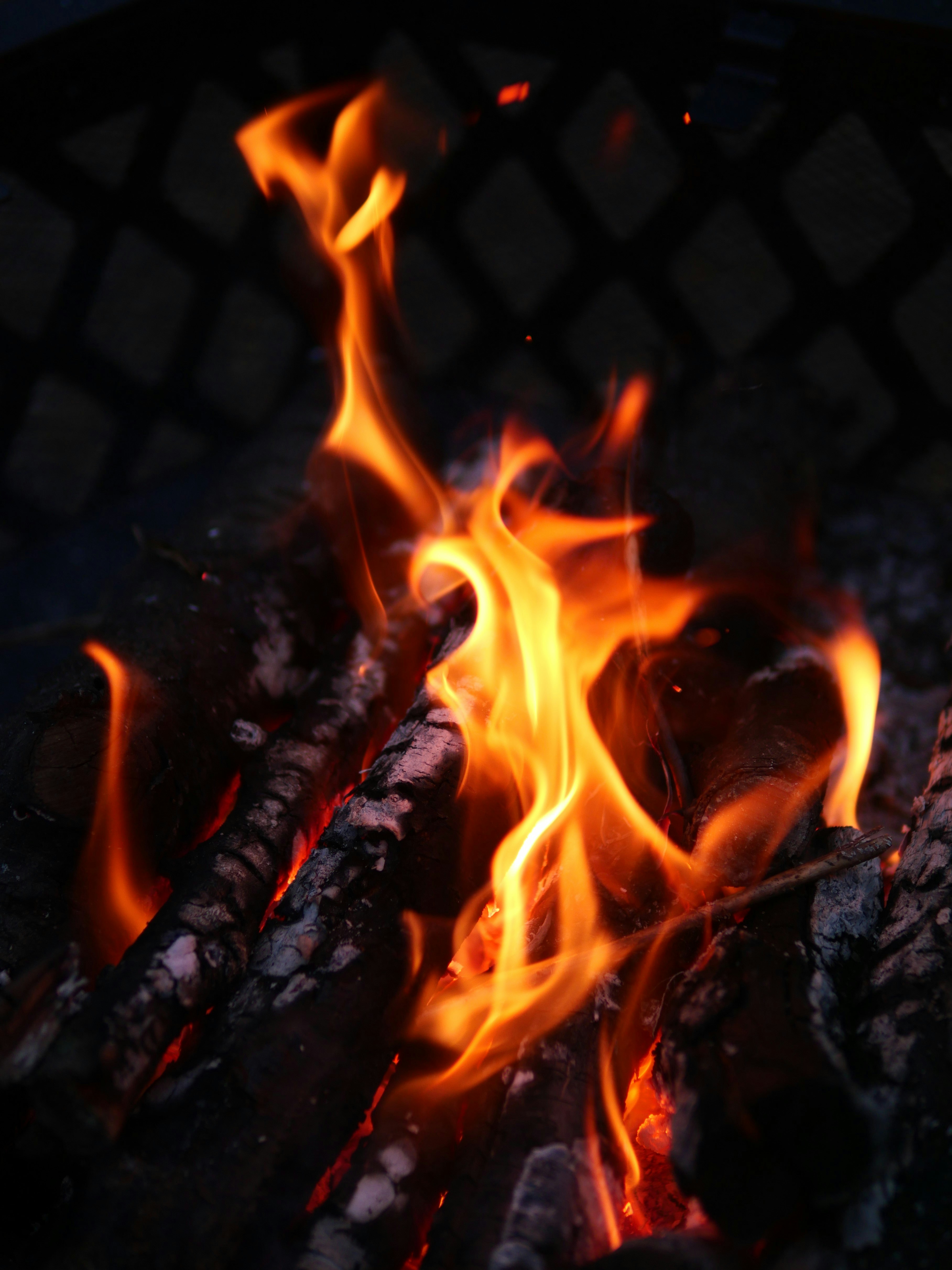 Vibrant flames flicker and swirl above a bed of charred logs, capturing the essence of warmth and energy in a fire pit.