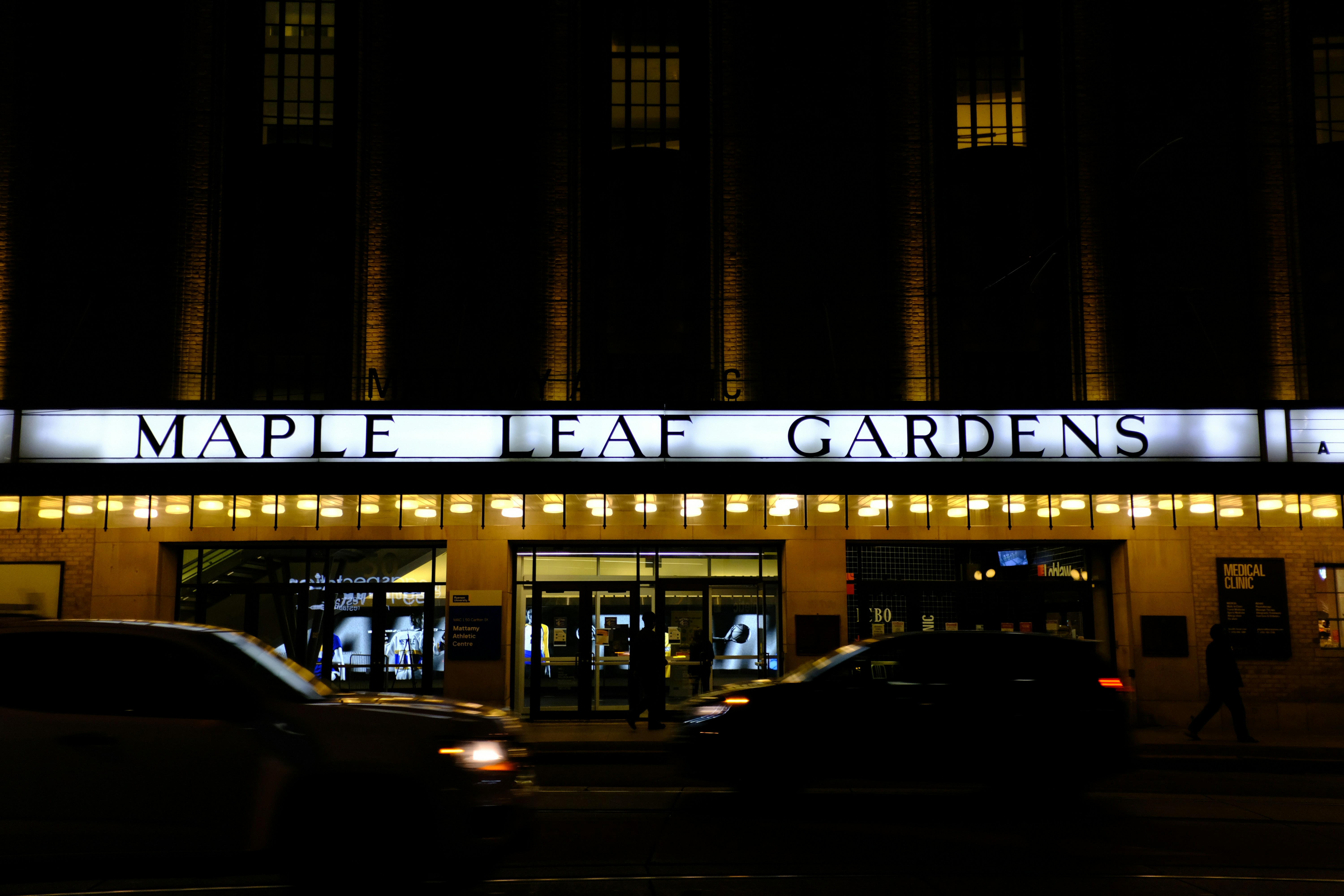 The marquee for maple leaf gardens lit up at night photo – Free ...