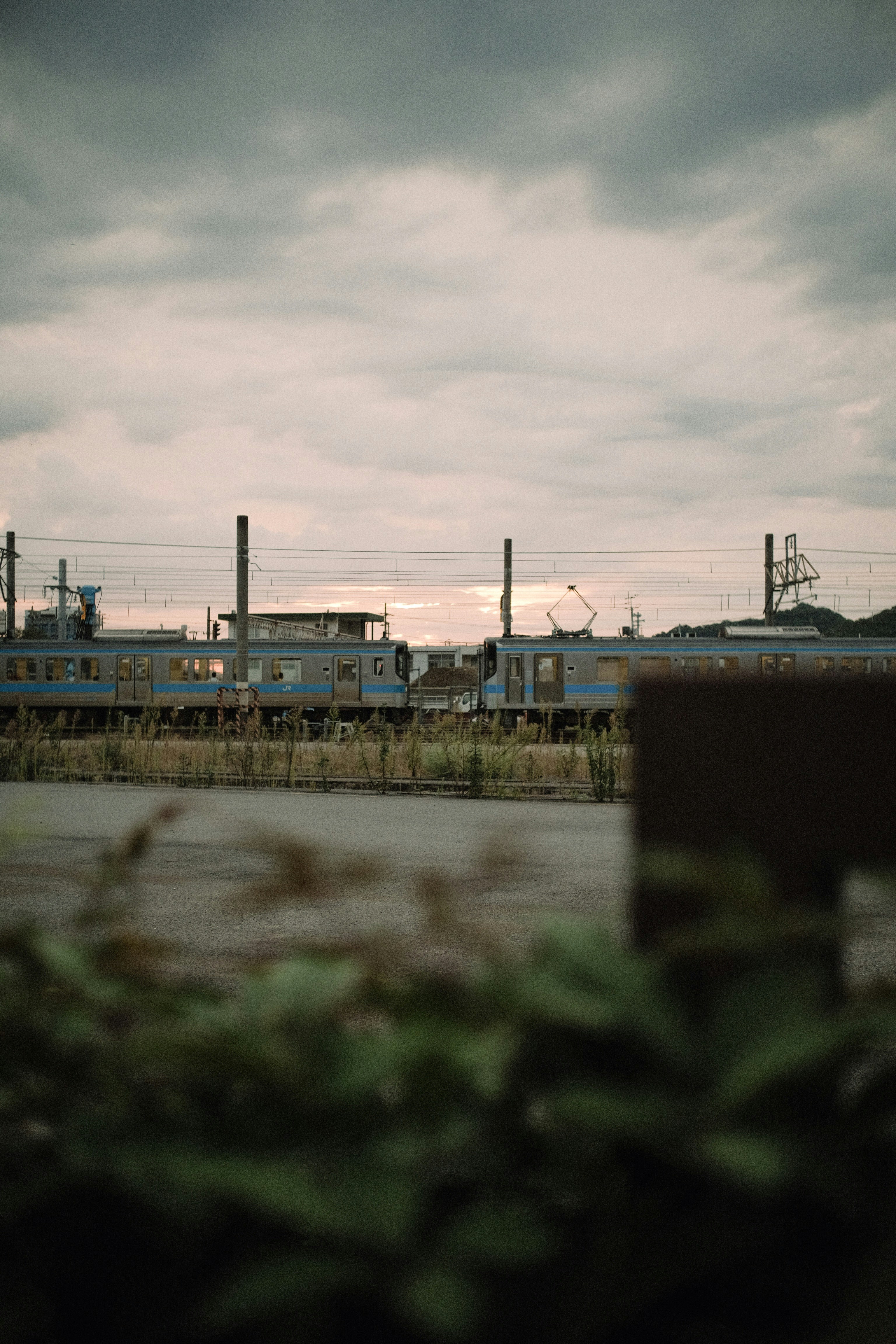 a train traveling down train tracks next to a lush green field