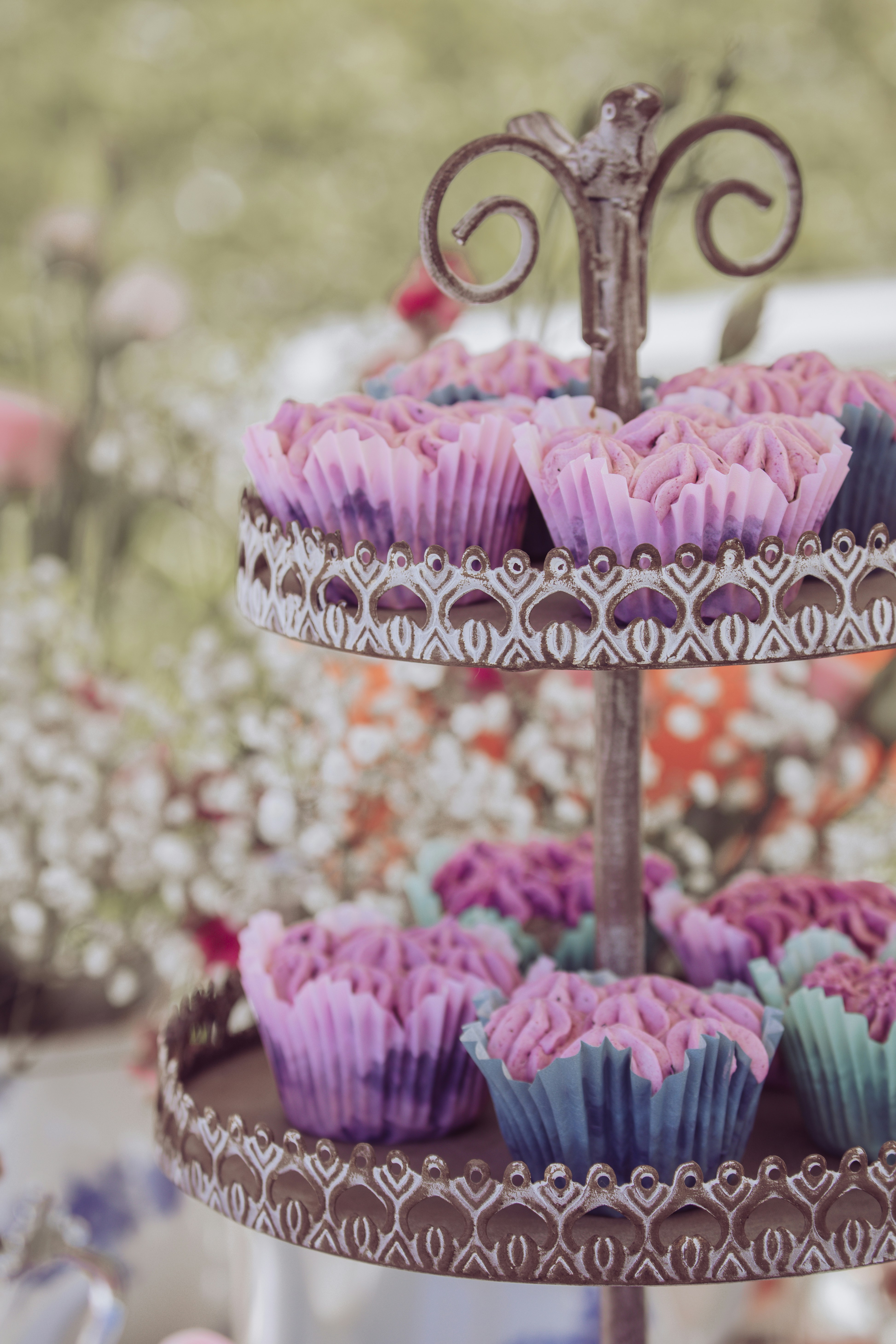 A three tiered cake with cupcakes on it photo – Free Switzerland Image ...