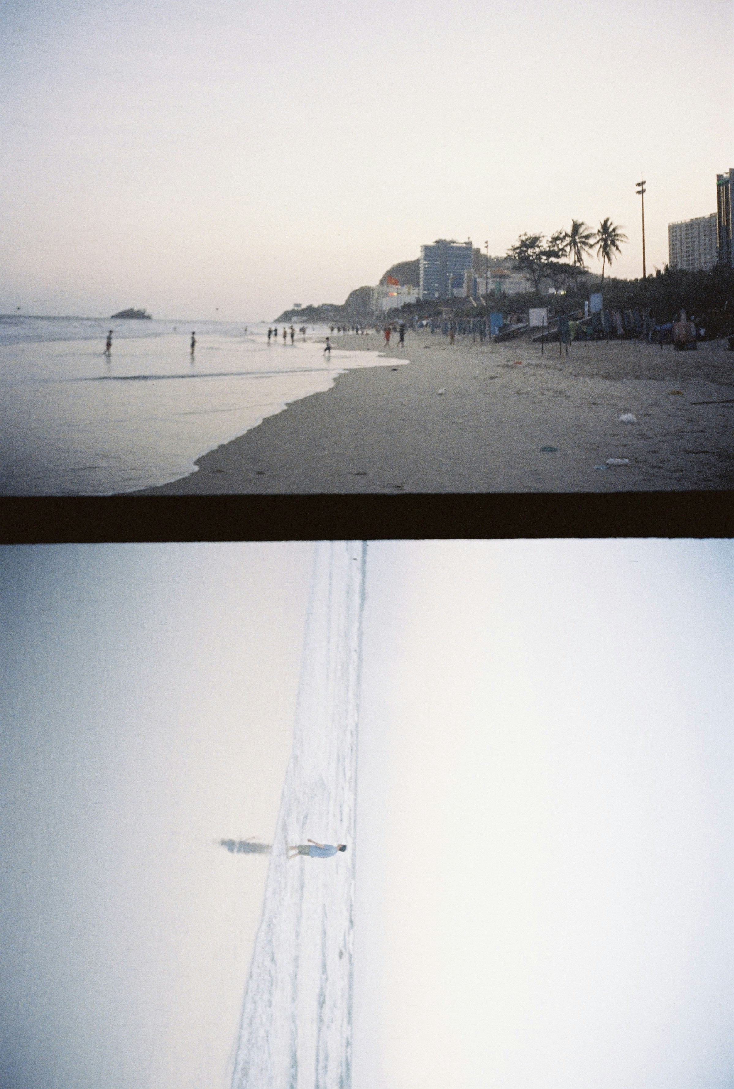 two pictures of a beach with people walking on it