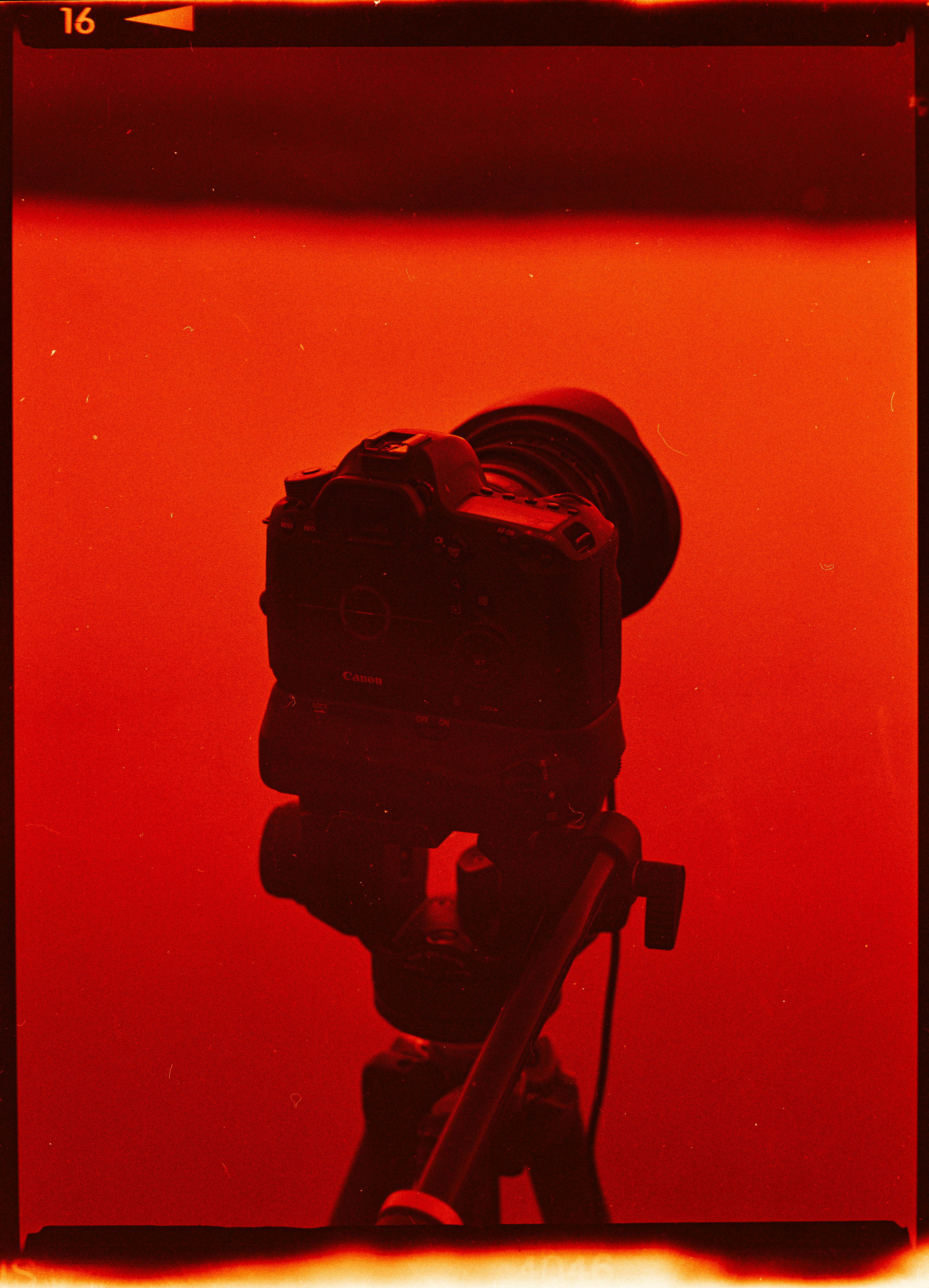 Crimson Silhouette: A DSLR Poised on a Tripod
