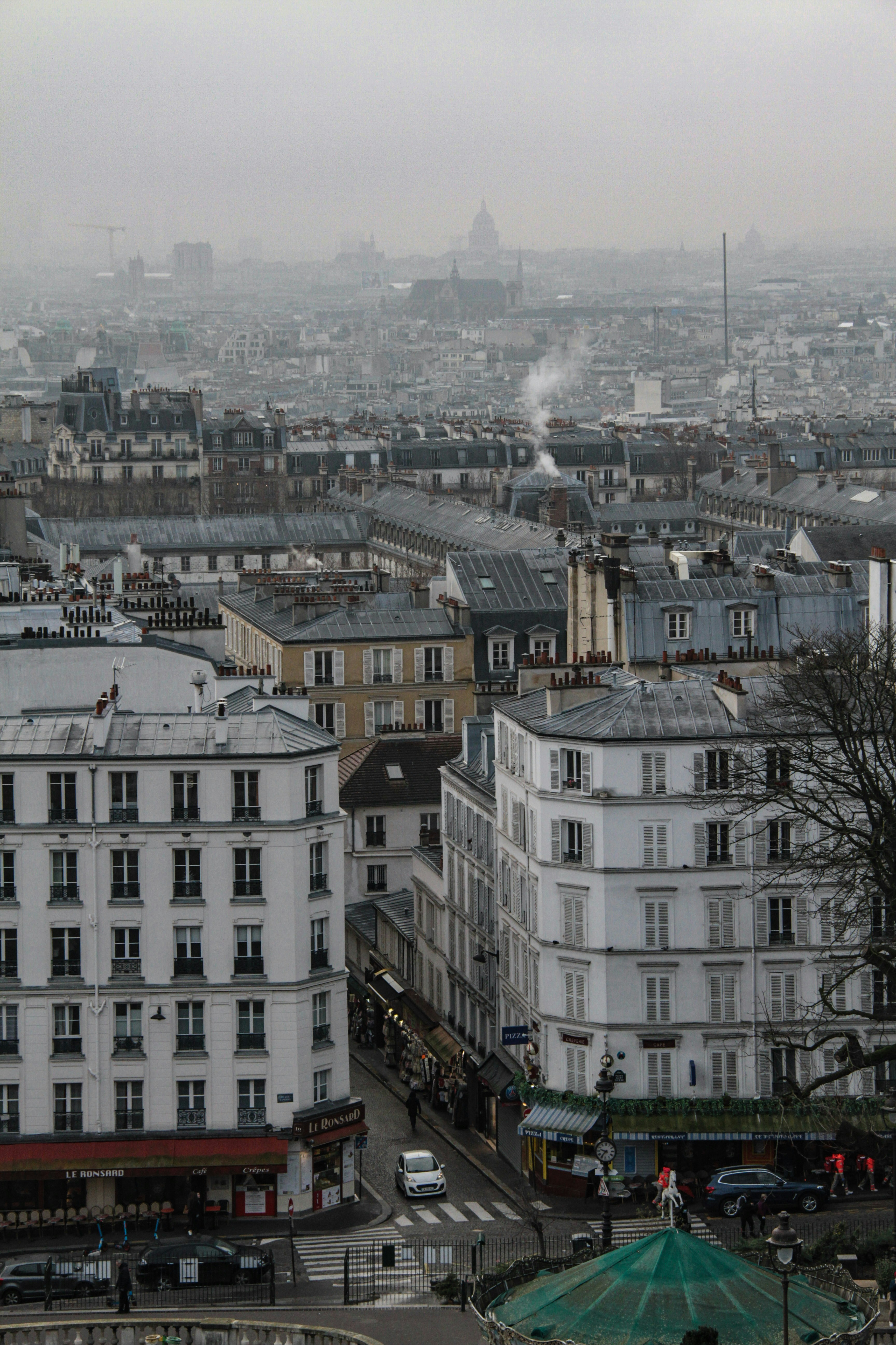 A panoramic view of Parisian rooftops shrouded in fog, capturing the essence of urban tranquility. Smoke rises gently from chimneys, hinting at life within the buildings.