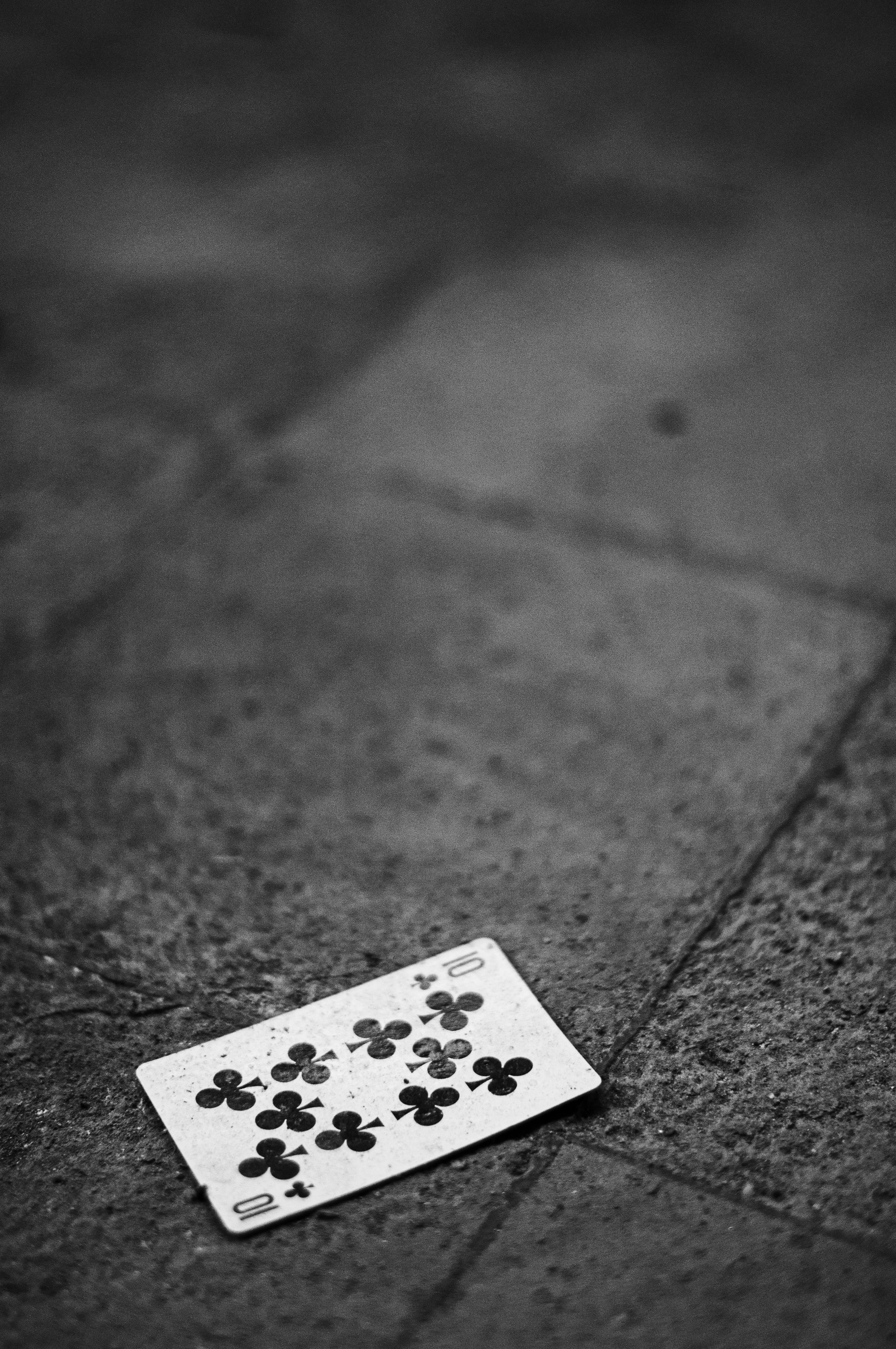 A solitary Ten of Clubs: lone card on damp pavement at dusk