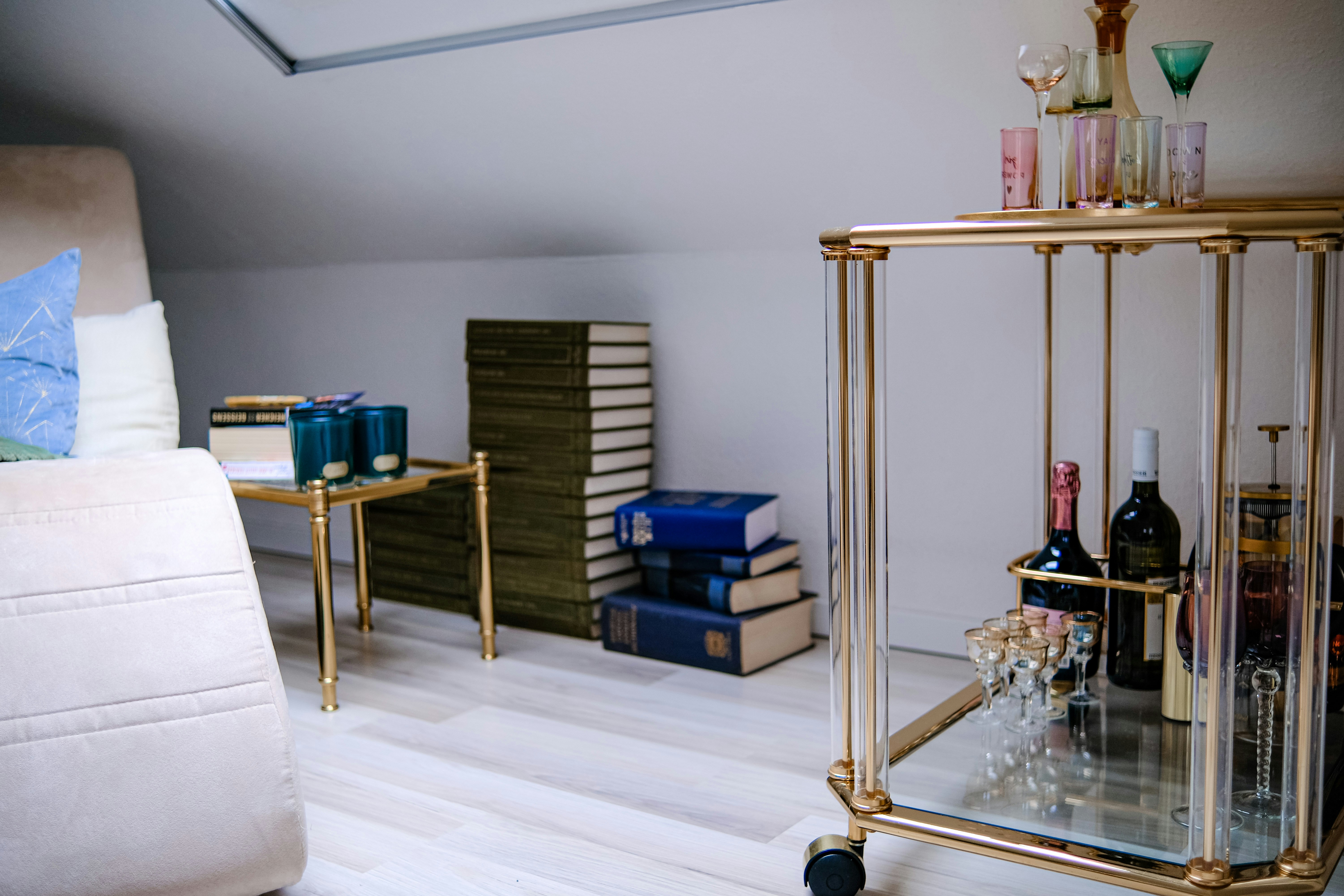 Gilded Bar Cart in a Quiet Reading Nook