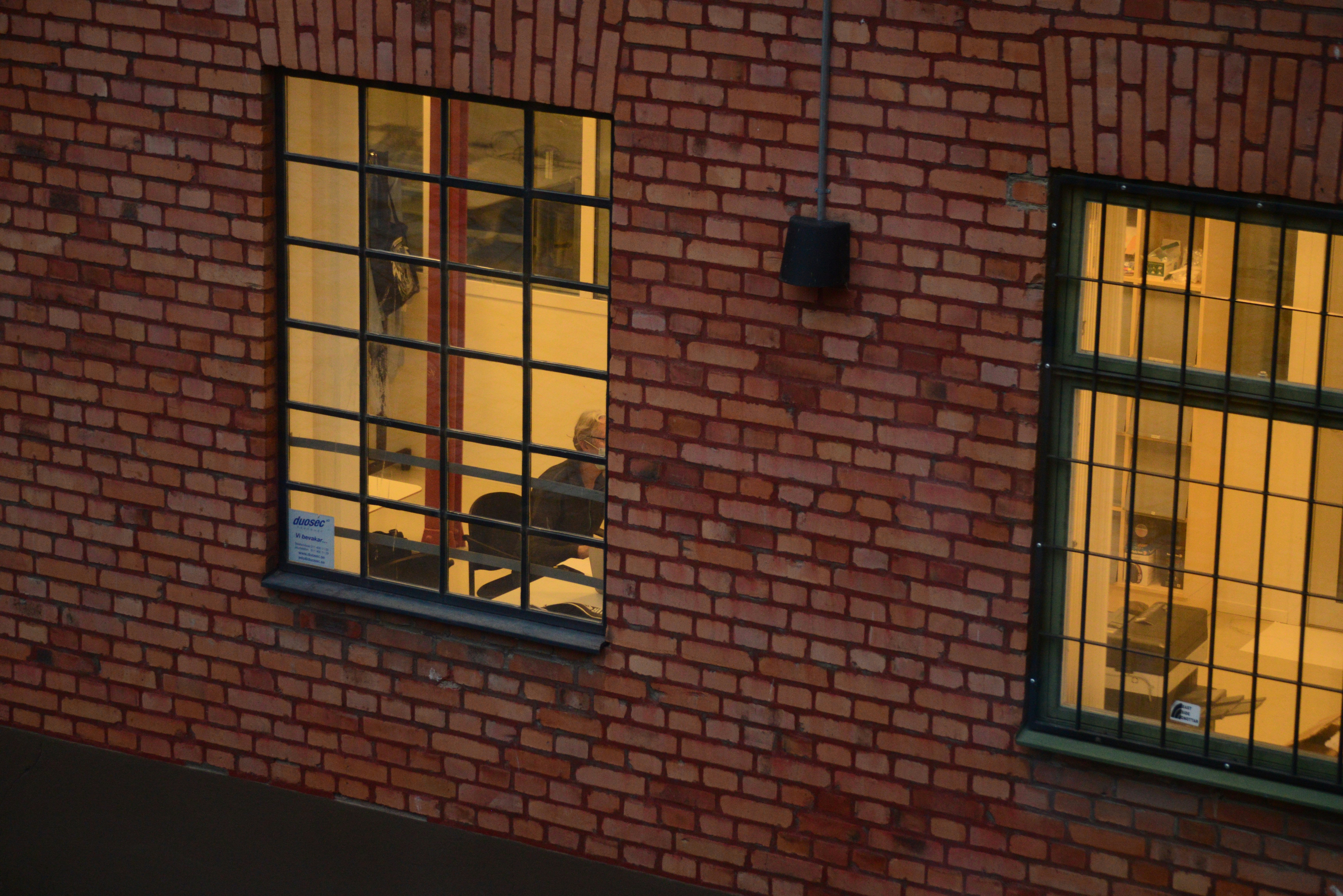 An artist absorbed in their work, illuminated by warm light, framed by a brick wall and window panes.