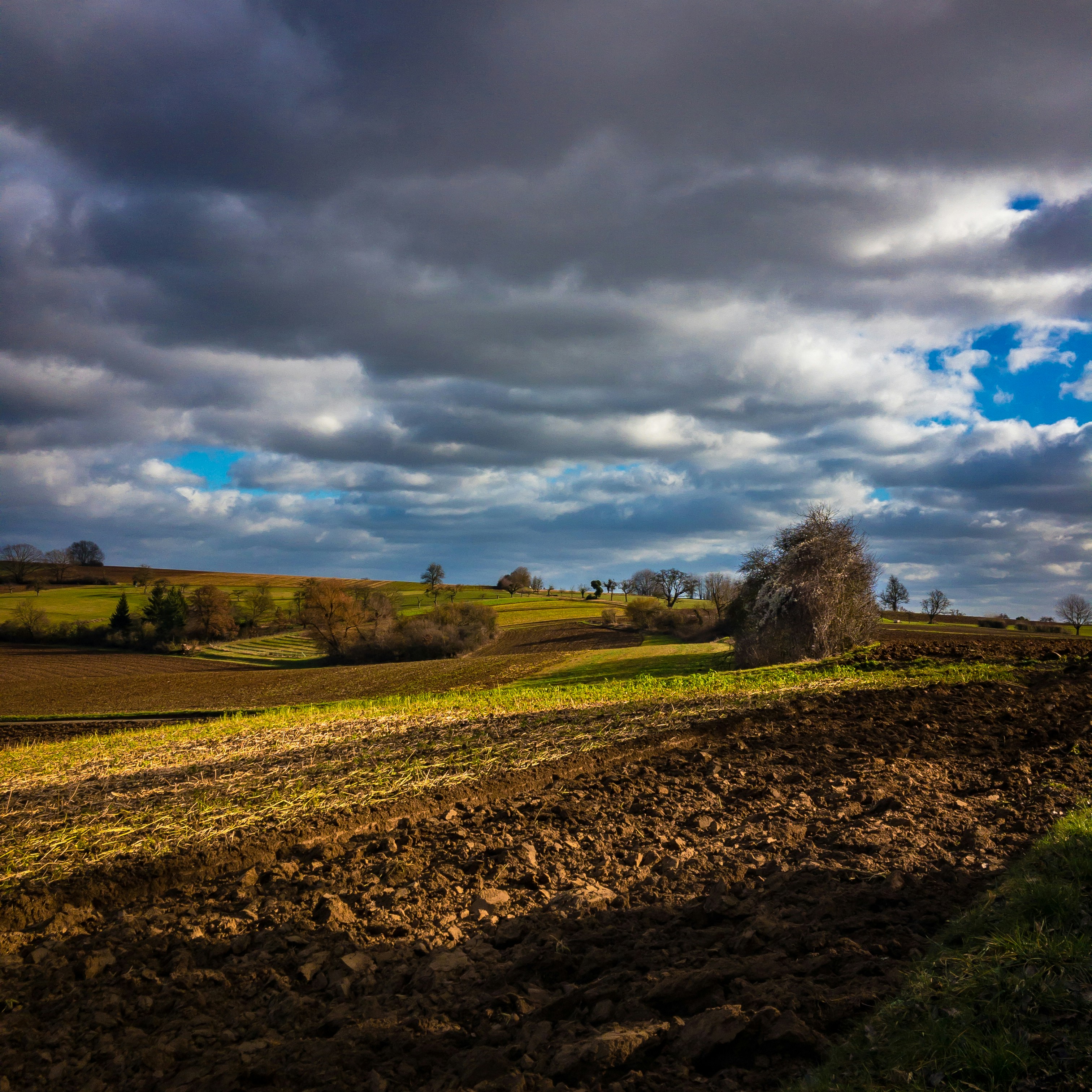 Horizon Fold: Plowed Earth and Rolling Greens Under a Cloud-Scattered Sky