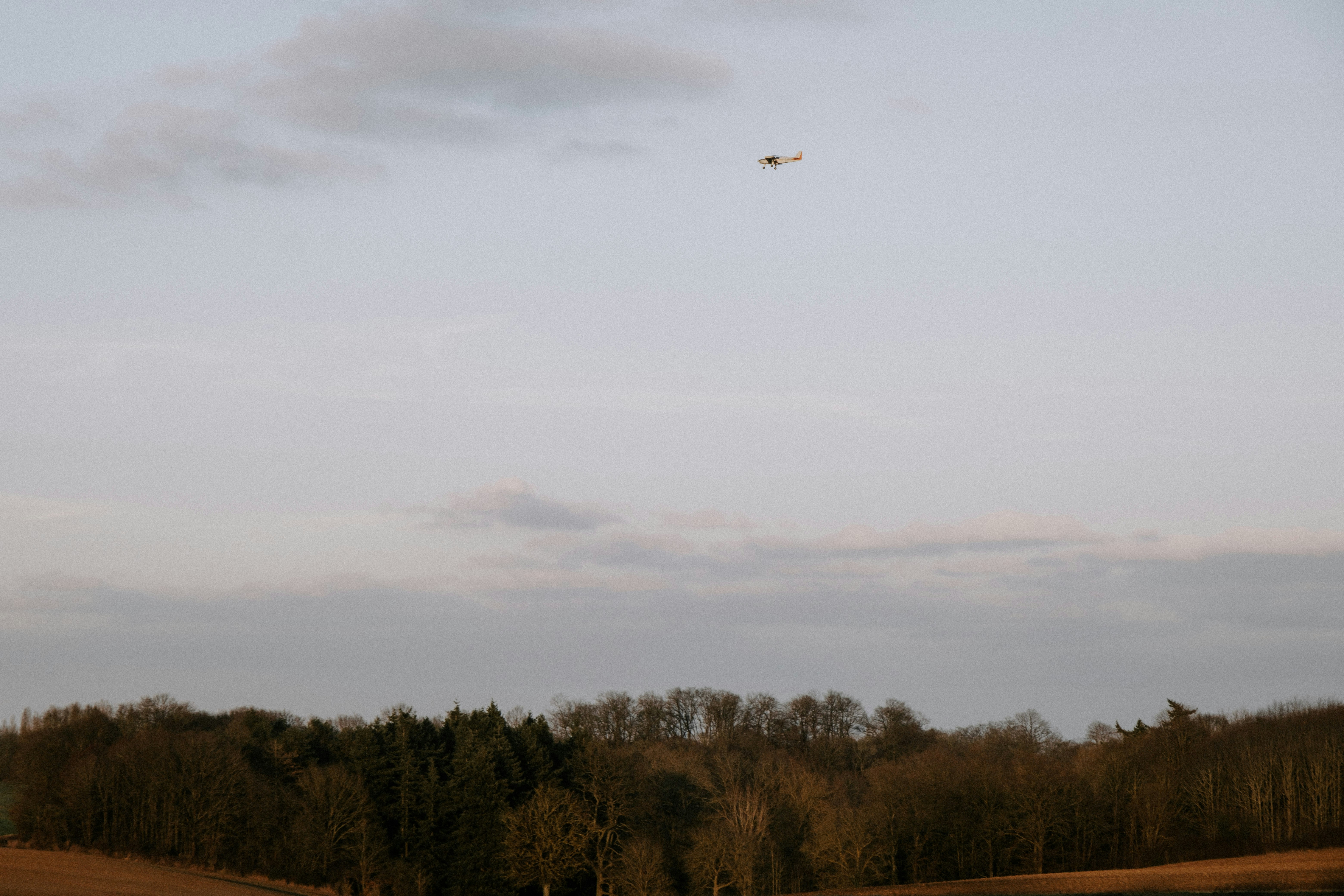 Small aircraft flying above a serene landscape at dusk, framed by distant trees and soft clouds.