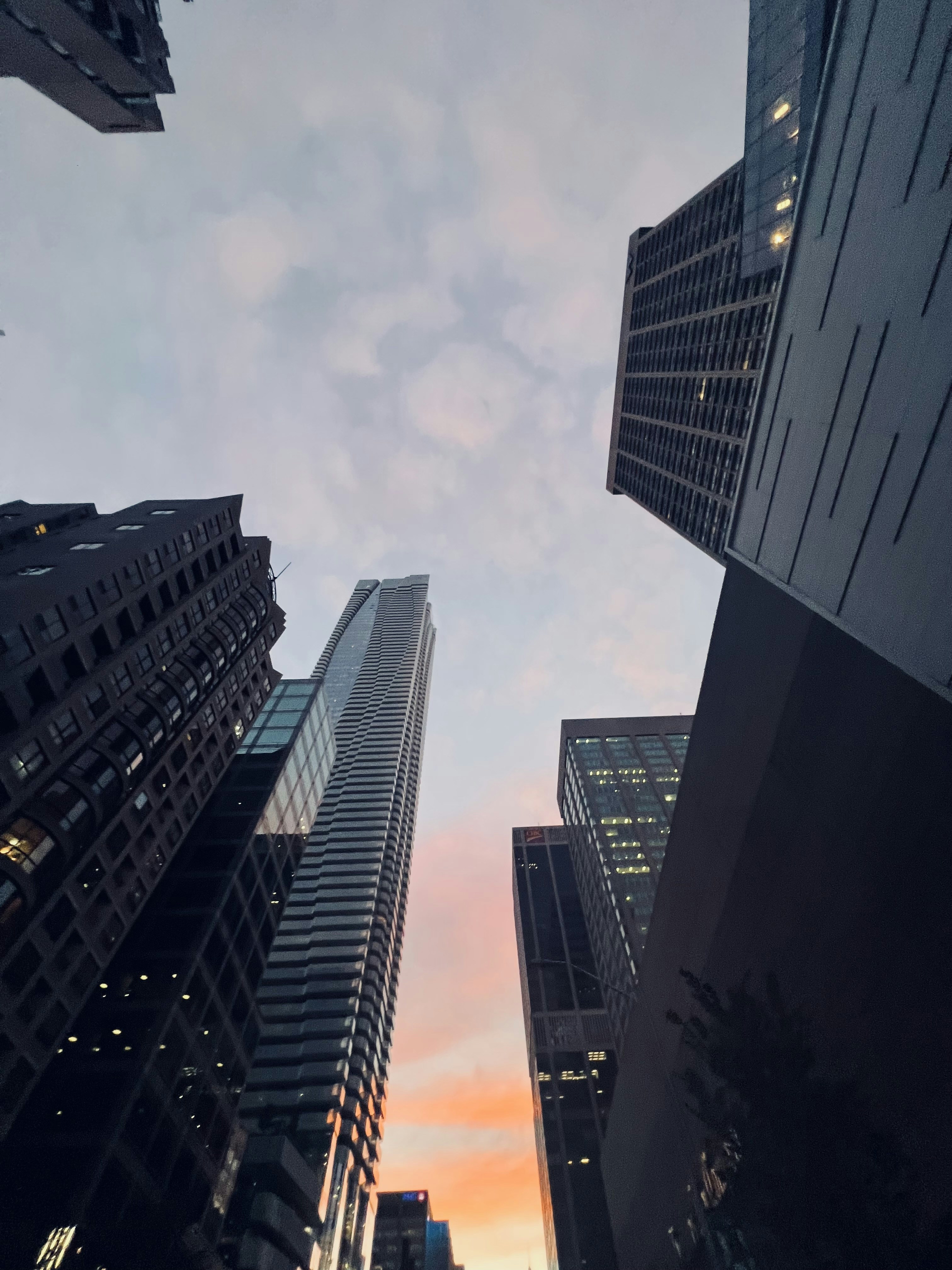 Sunset in the city | looking up at skyscrapers in a city at sunset