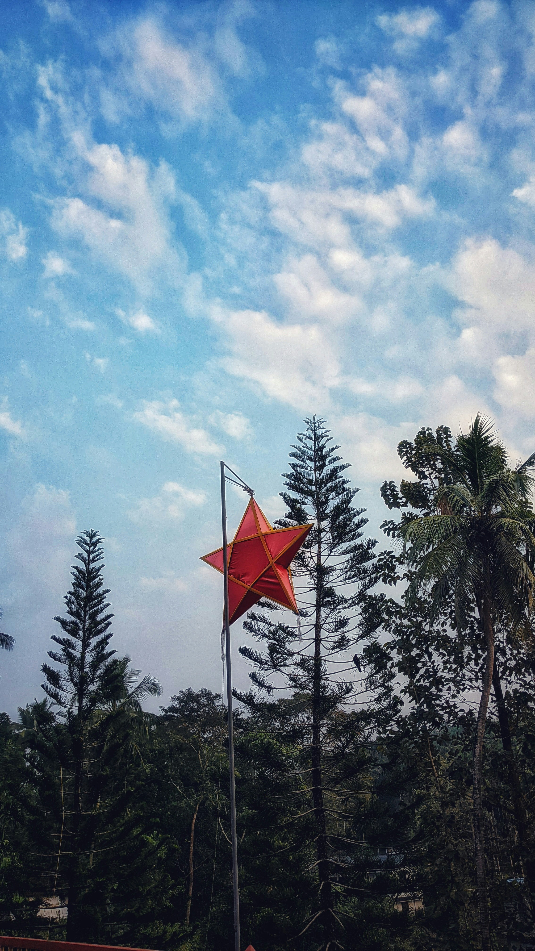 A large red star on a pole in front of some trees photo – Free Star ...