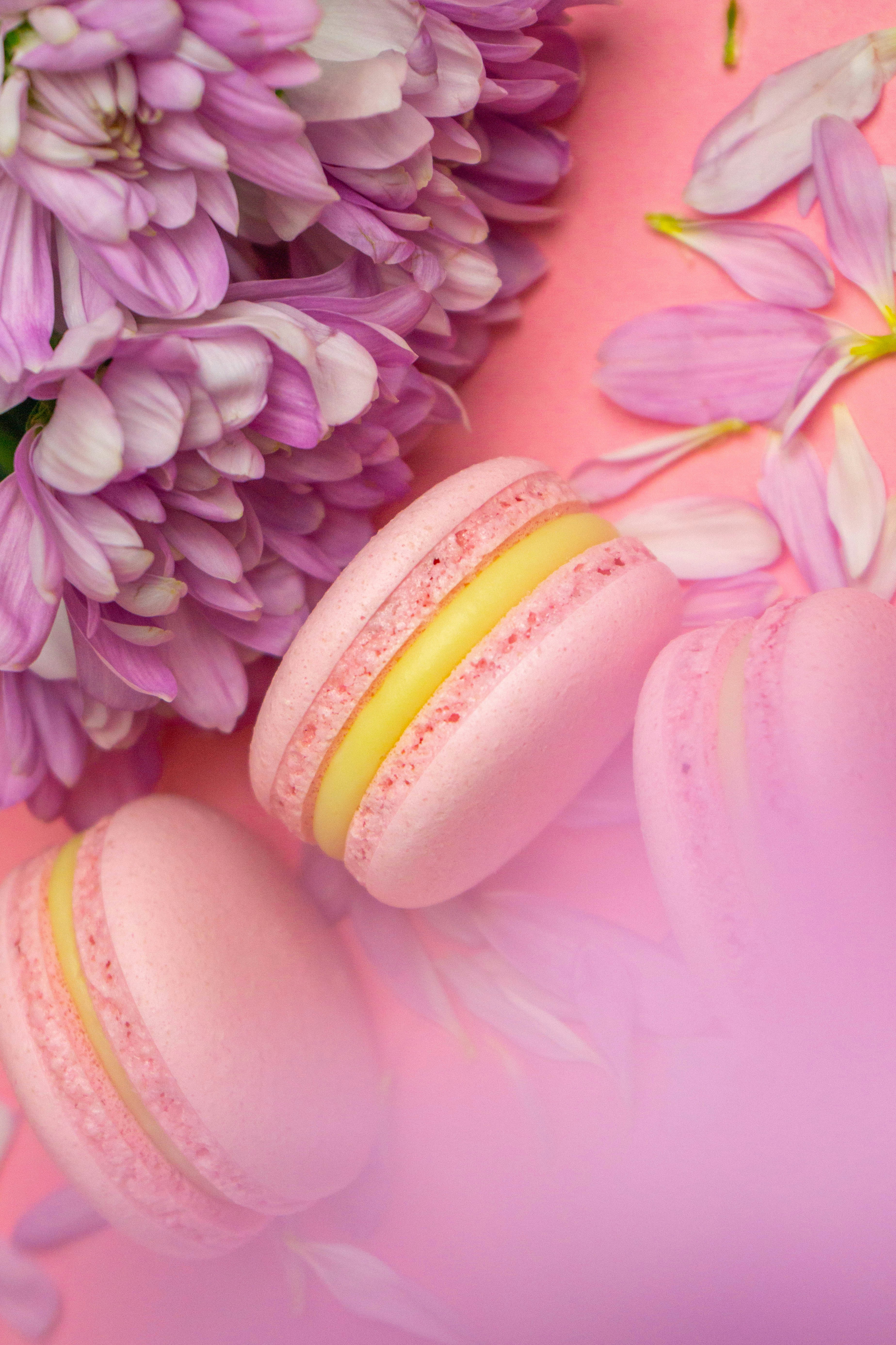 Pink macarons nestled among soft purple flowers and petals on a pastel background.