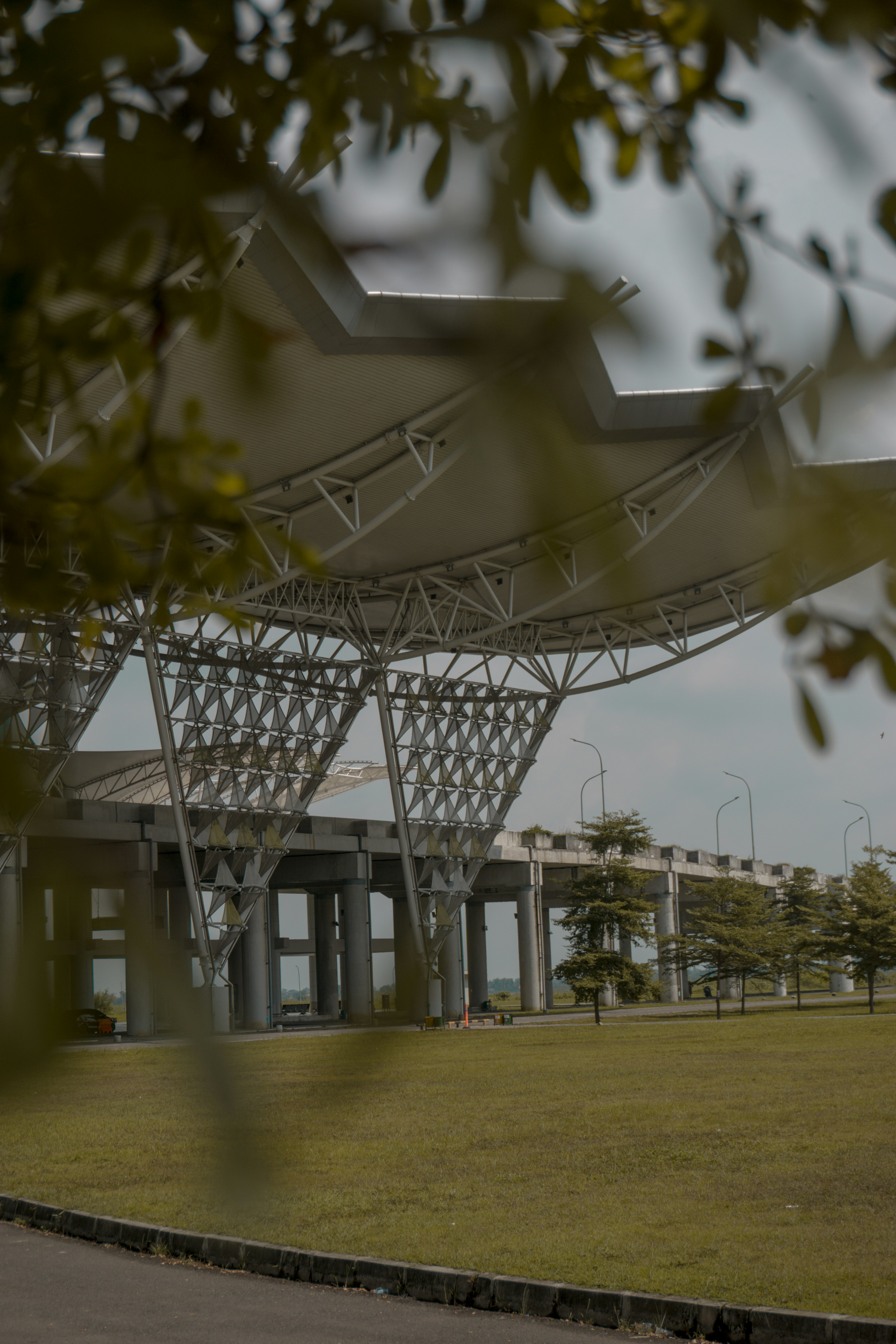 Modern architectural structure with a distinctive triangular pattern partially obscured by leafy branches.