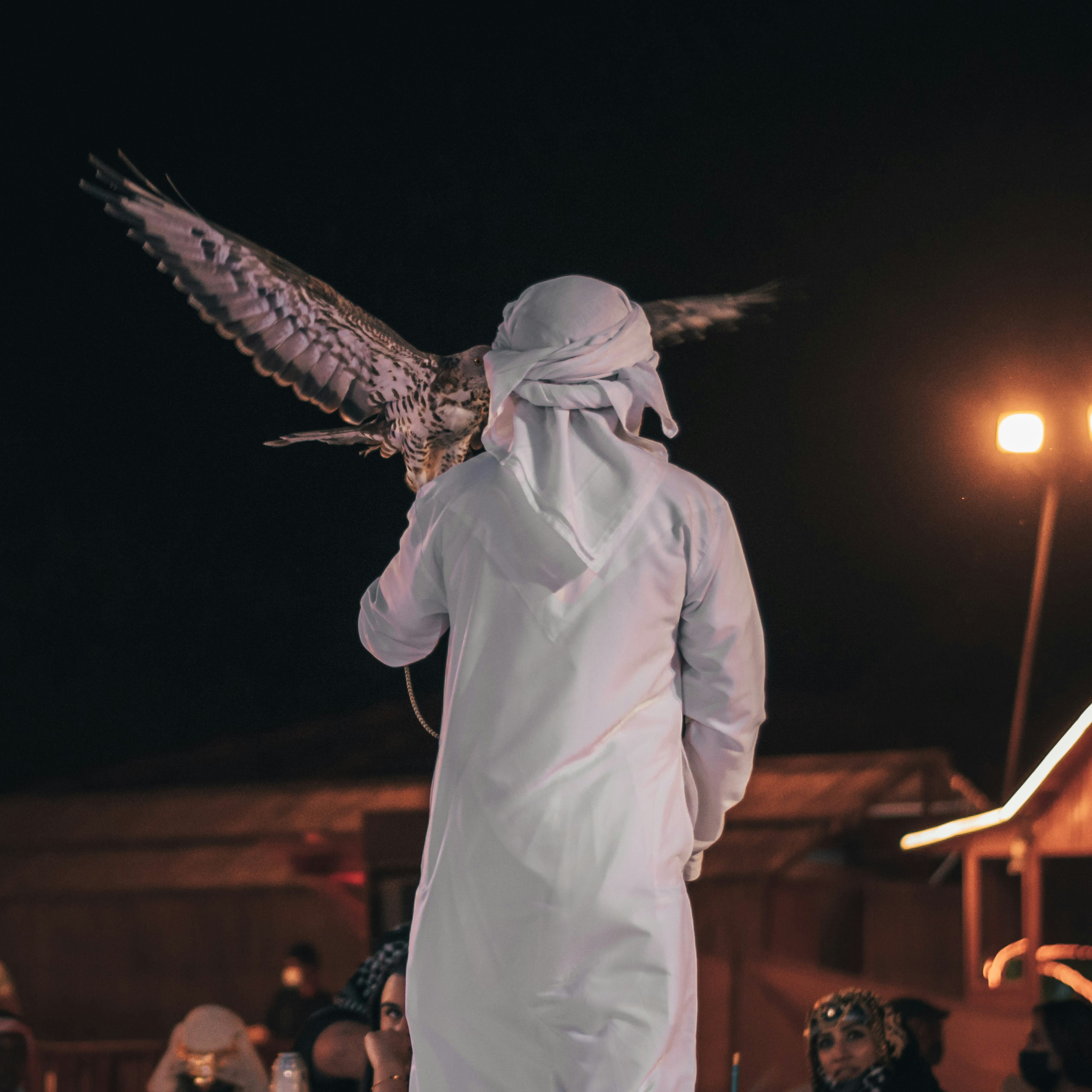 Moonlit Falconry: A White-Robed Falconer Releases a Bird Under Night Lights