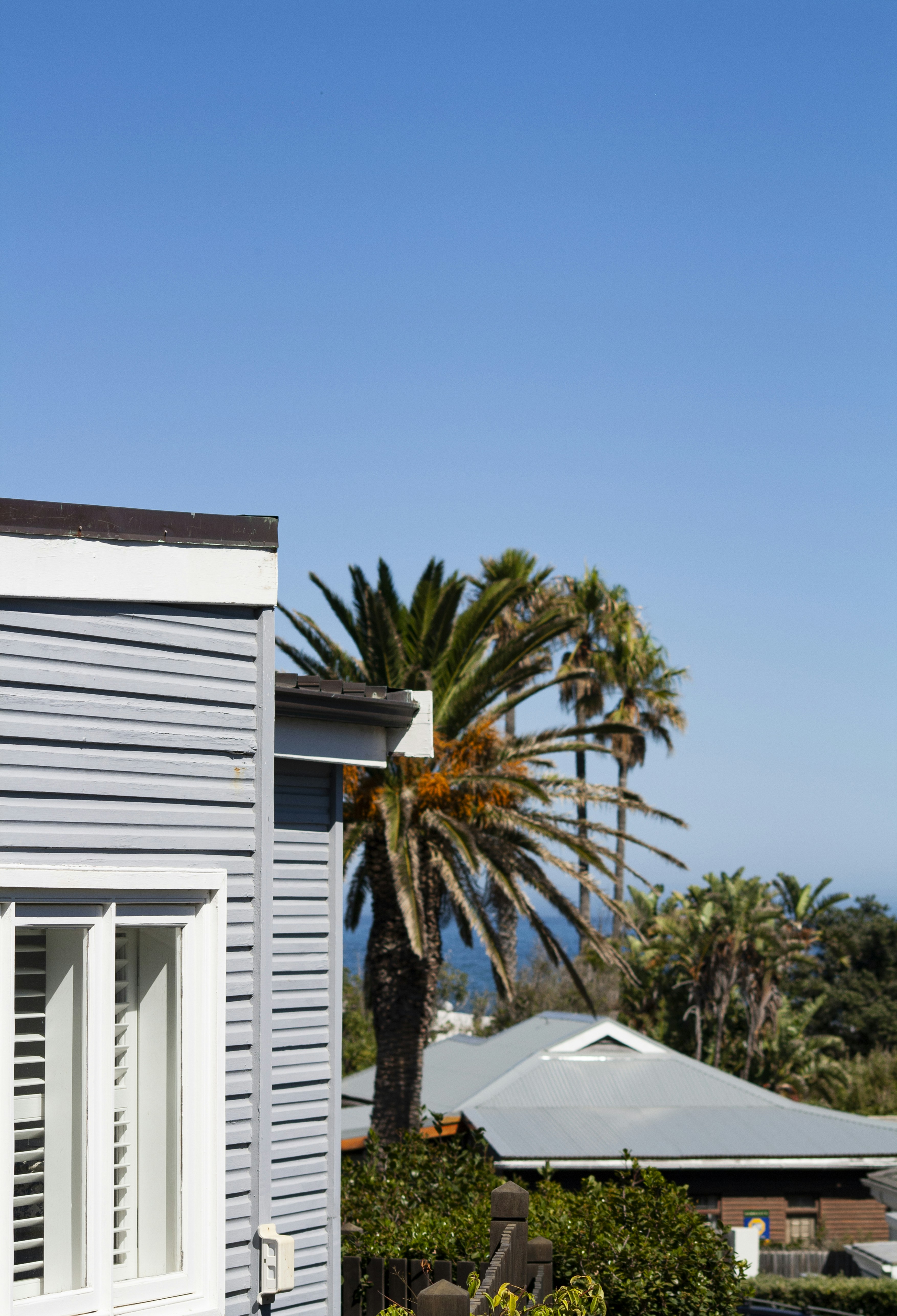 Coastal home with palm trees in the background, showcasing a tranquil seaside atmosphere. Clear blue sky enhances the peaceful setting.